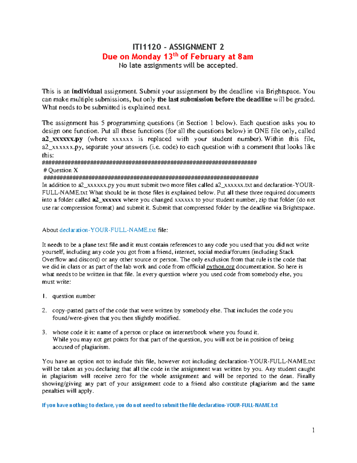 A2 - assignment 2 - ITI1120 - ASSIGNMENT 2 Due on Monday 13th of February at 8am No late ...