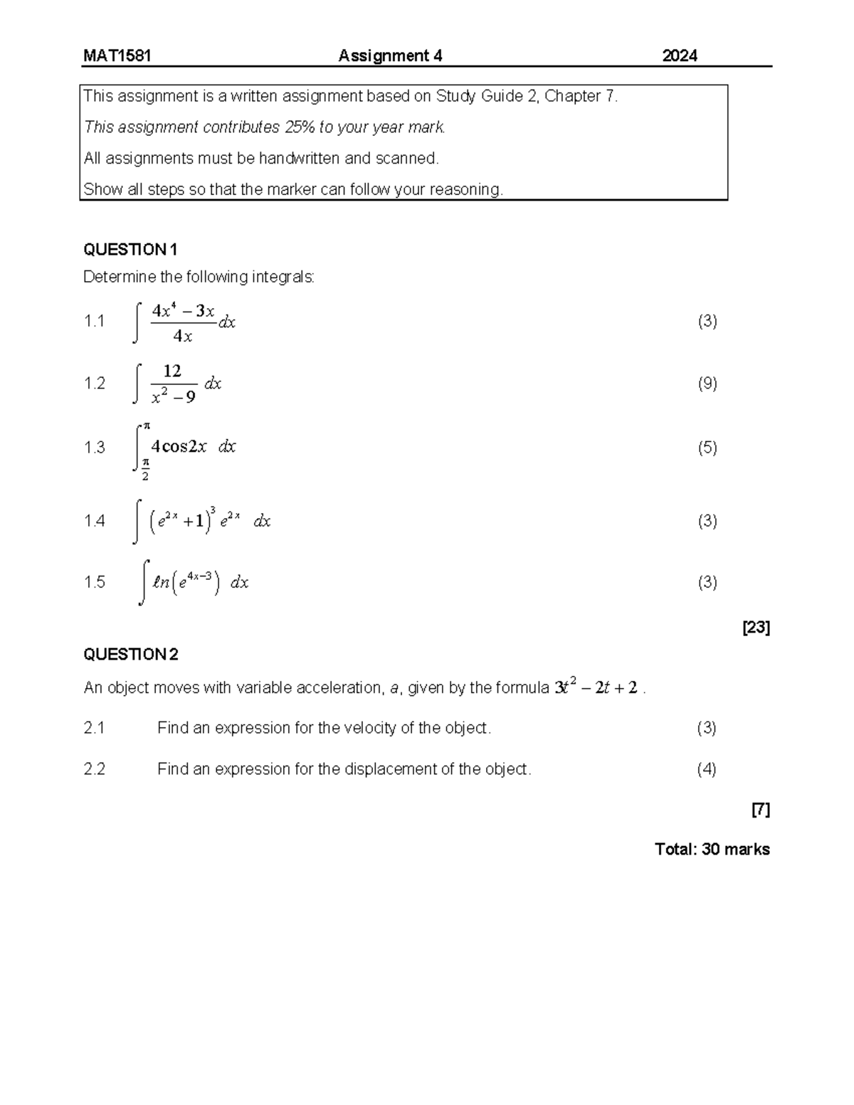 MATHS1581 UNISA 2024 INTERGRATION AND DIFFERENTIATION PROBLEMS, YEAR - MAT1581 Assignment 4 2024 ...