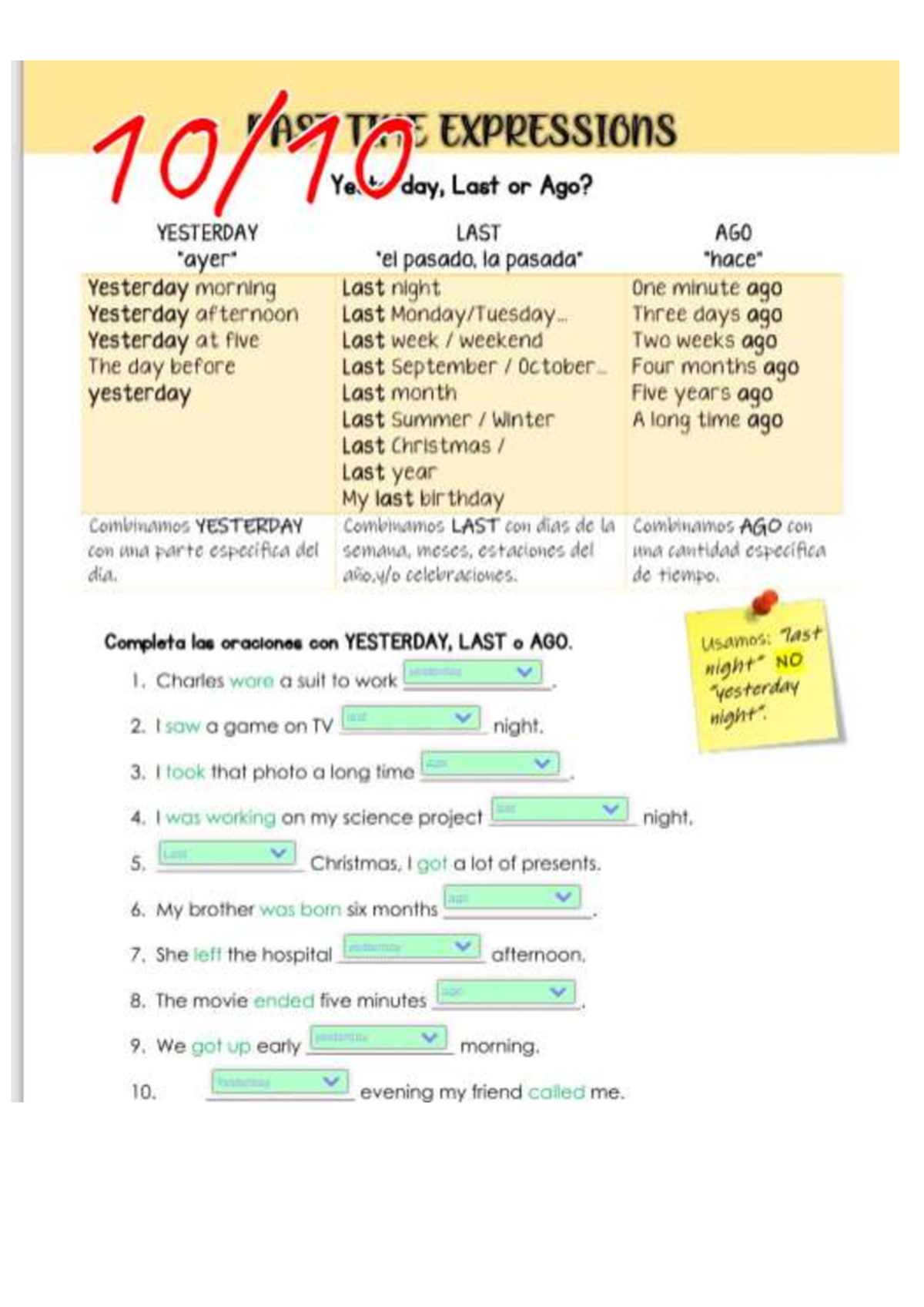 Activity in class - ingles - EXPRESSIONS Ye day, Last or Ago? YESTERDAY ...