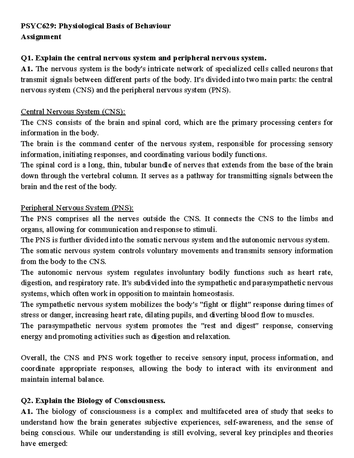 Physiology Assignment - PSYC629: Physiological Basis of Behaviour ...