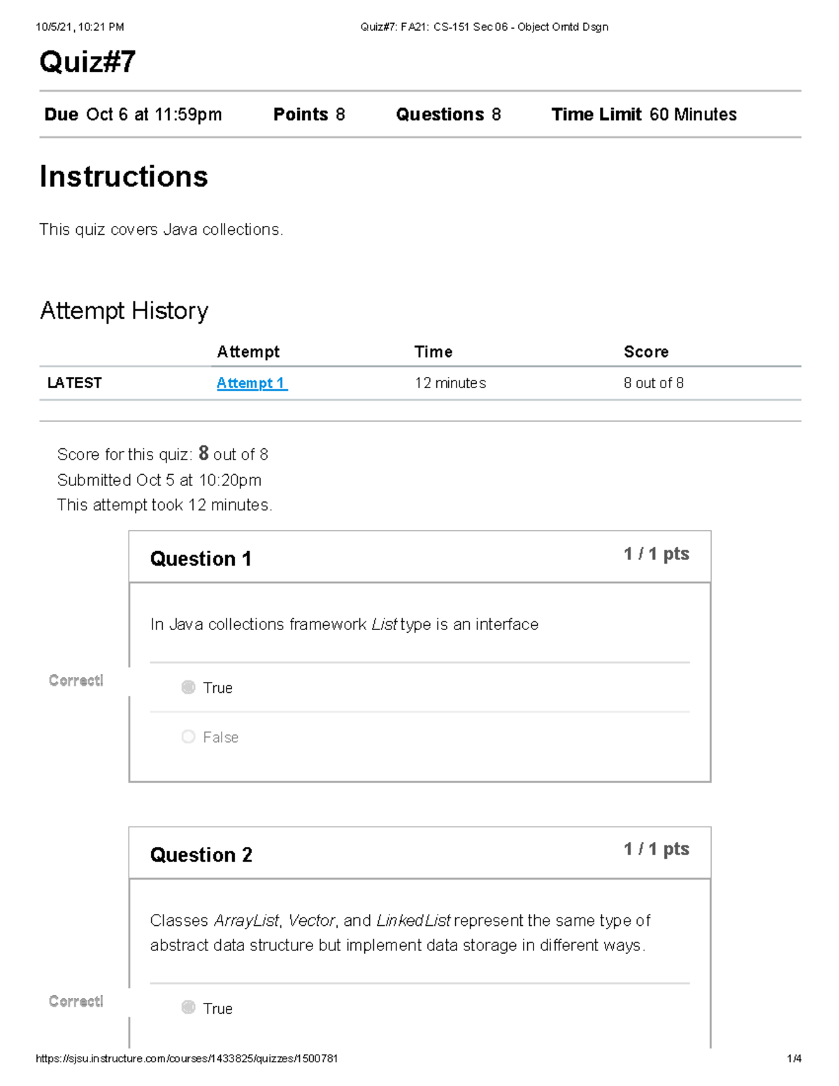 Quiz7 FA21 CS-151 Sec 06 - Object Orntd Dsgn - Quiz# Due Oct 6 at 11 ...