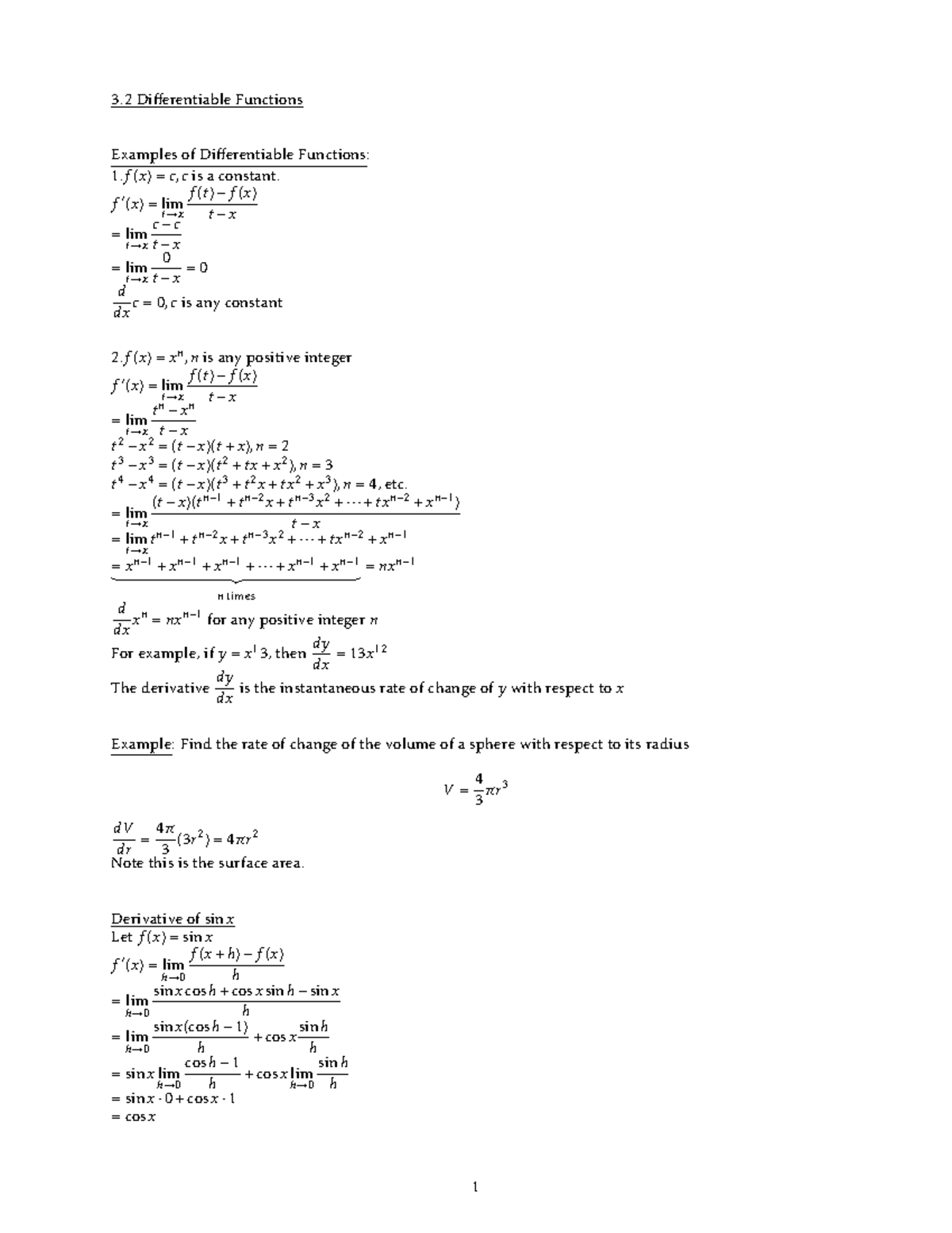 Math140 lecture notes 3.2 - 3 Differentiable Functions Examples of ...