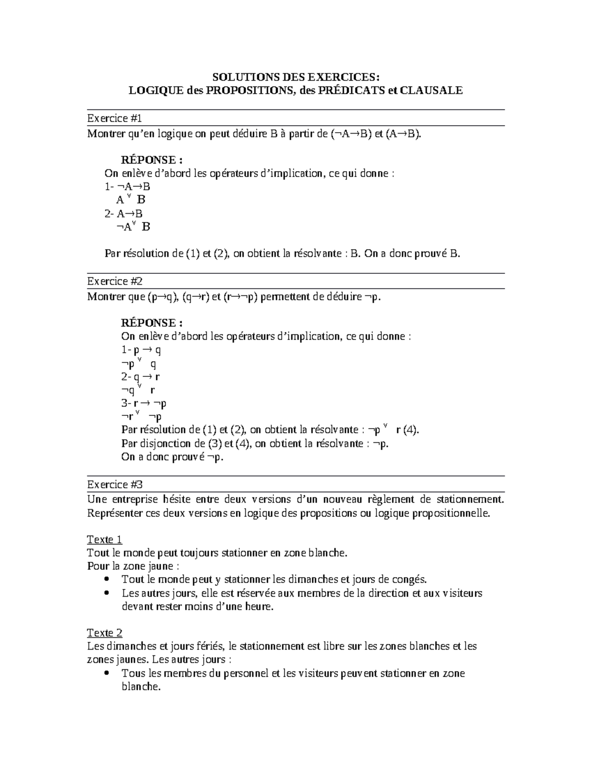 Exos logiques - révisions - SOLUTIONS DES EXERCICES: LOGIQUE des PROPOSITIONS, des PRÉDICATS et ...