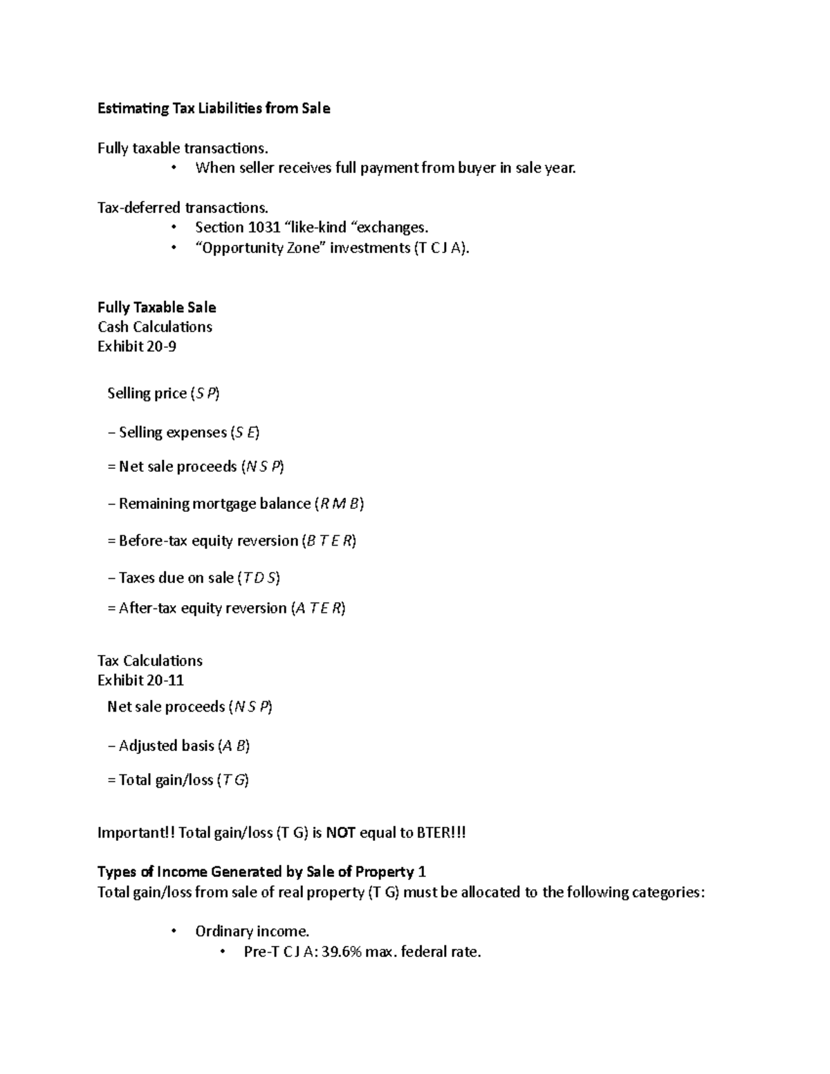 REAL4000 Notes 12 - Estimating Tax Liabilities from Sale Fully taxable ...