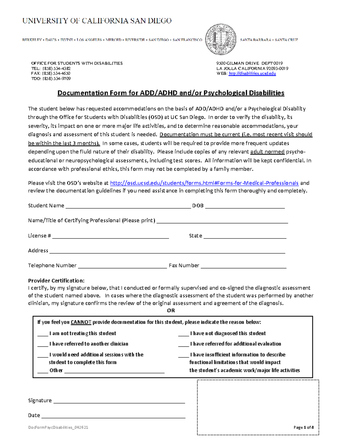 Documentation Form for Psychological Disabilities - OFFICE FOR STUDENTS ...