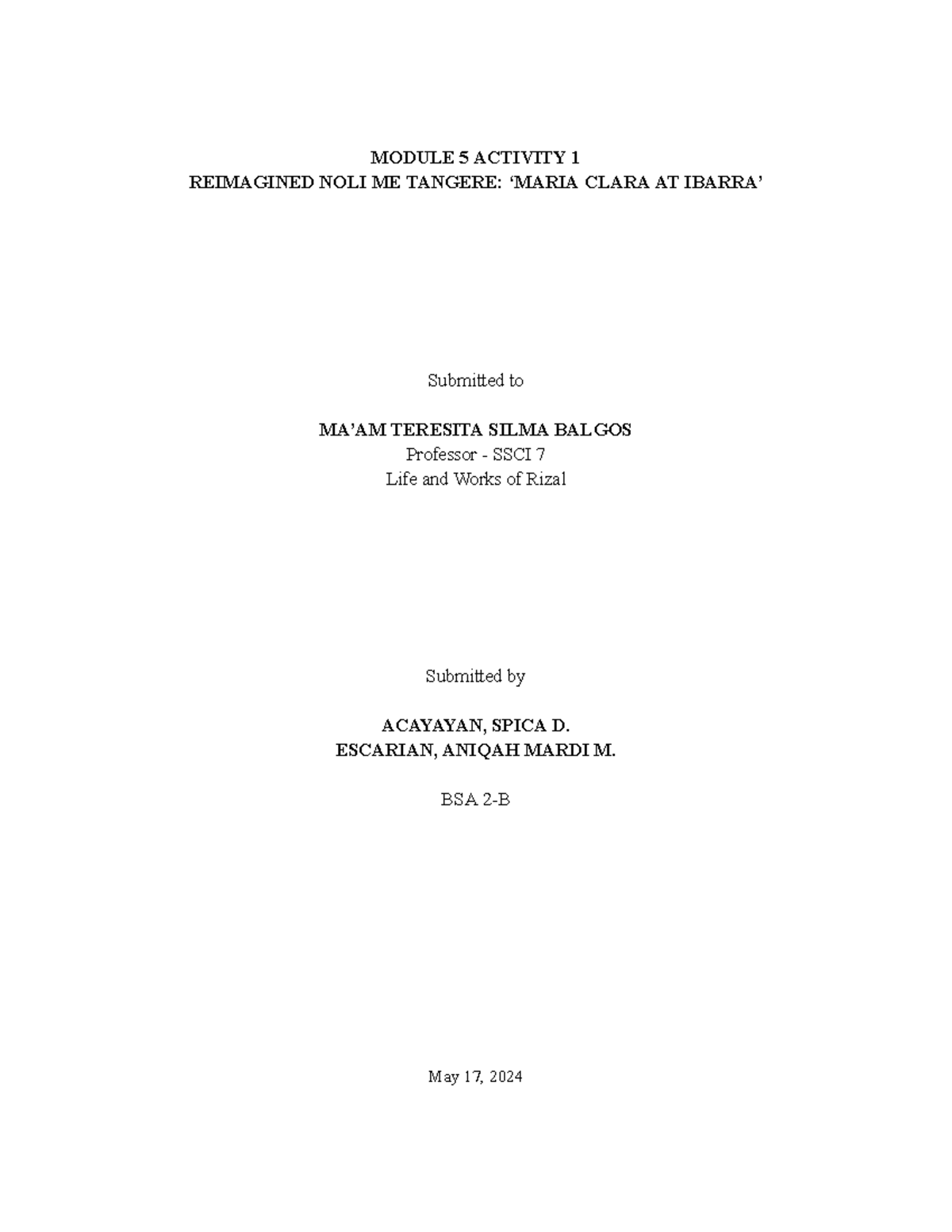 Module 5. Activity 1. Reimagined Noli Me Tangere 'Maria Clara at Ibarra' - MODULE 5 ACTIVITY 1 ...