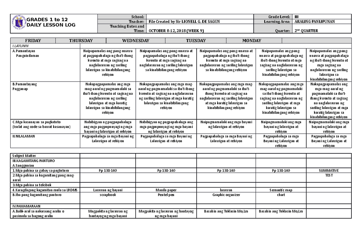 DLL Quarter 2 Week 9 Araling Panlipunan 3 - GRADES 1 to 12 DAILY LESSON ...
