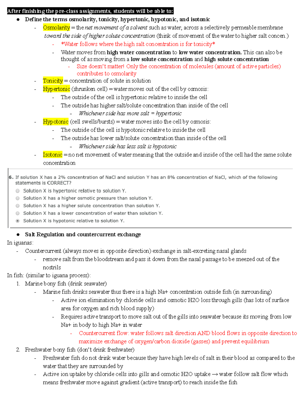 Osmolarity Tonicity Hypertonic Hypotonic Isotonic Salt Regulation Nitrogenous Waste - Studocu