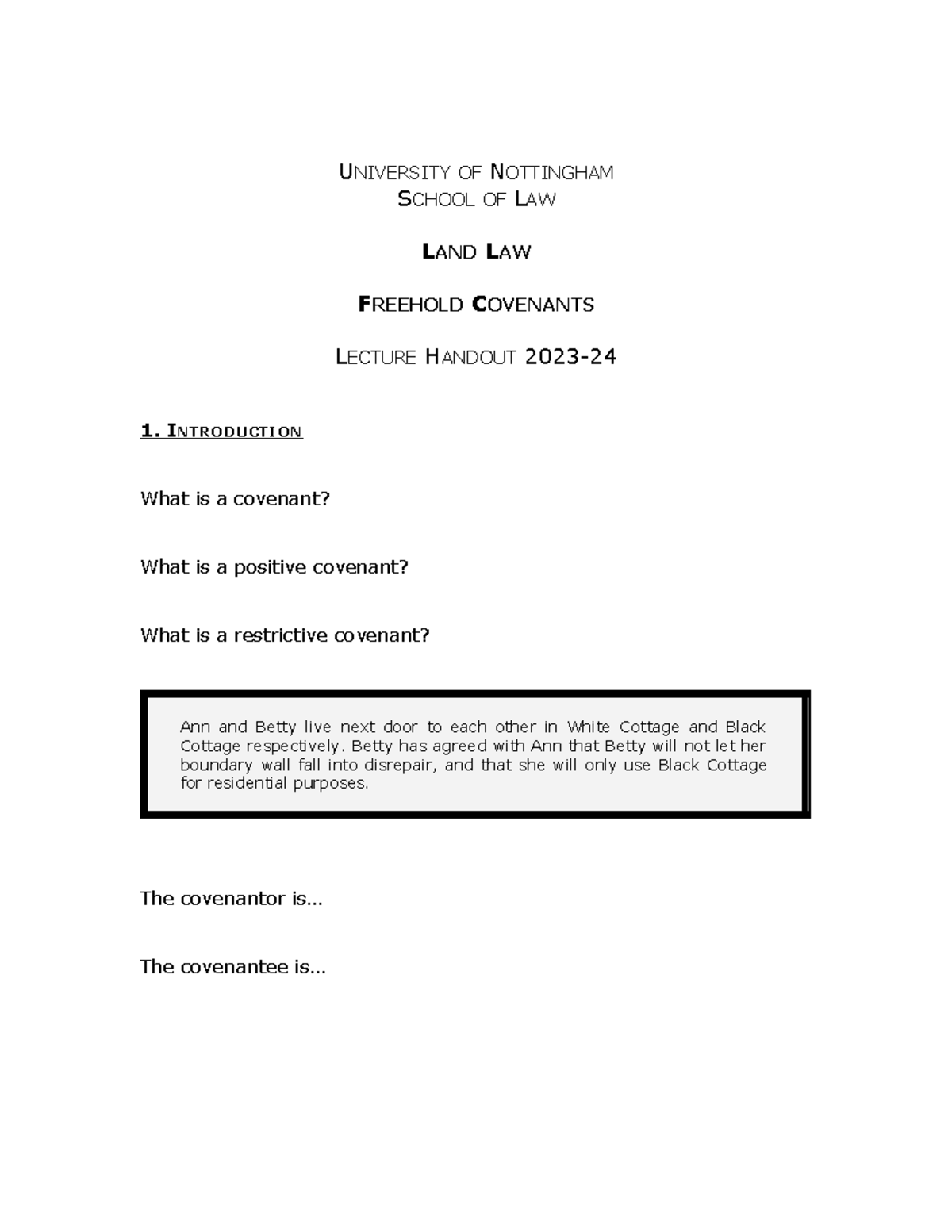 Land Law Covenants Handout 23-24 - UNIVERSITY OF NOTTINGHAM SCHOOL OF ...