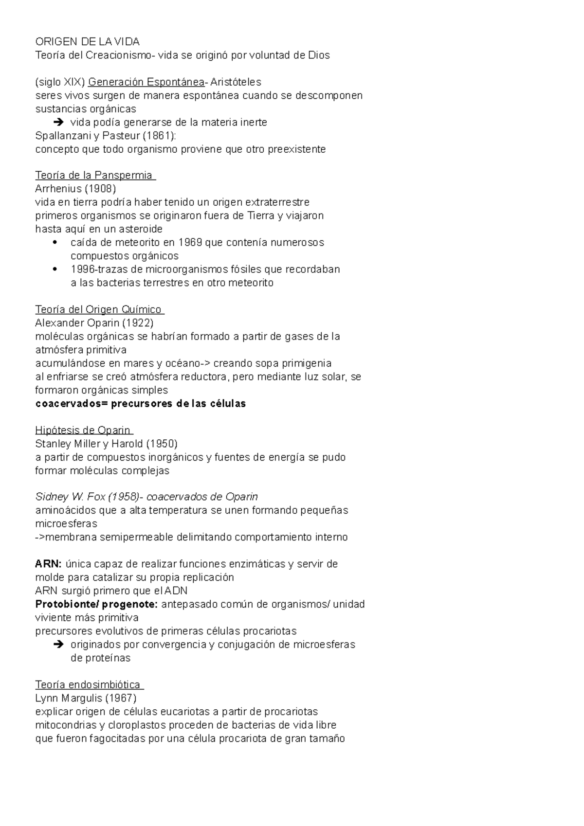 Resumen Lectura - Introducción Bio - ORIGEN DE LA VIDA Teoría del ...
