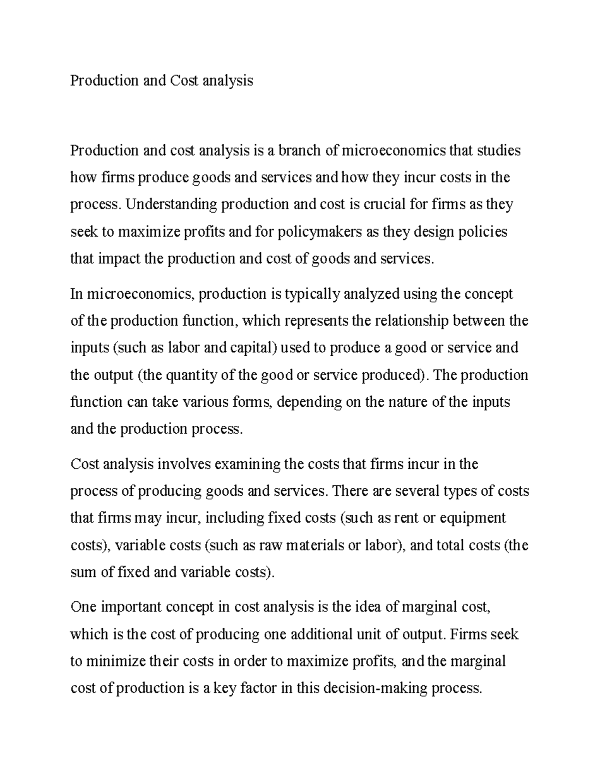 Production and Cost Analysis - Production and Cost analysis Production ...