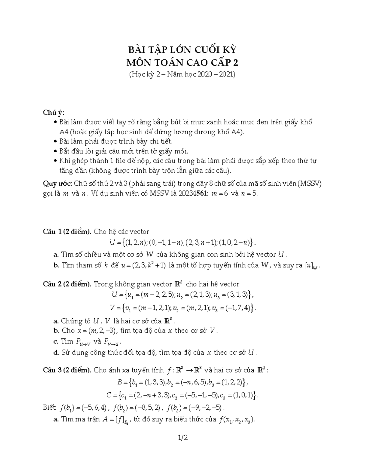 2021 - Jjv ybuk - 1/ BÀI TẬP LỚN CUỐI KỲ MÔN TOÁN CAO CẤP 2 (Học kỳ 2 ...