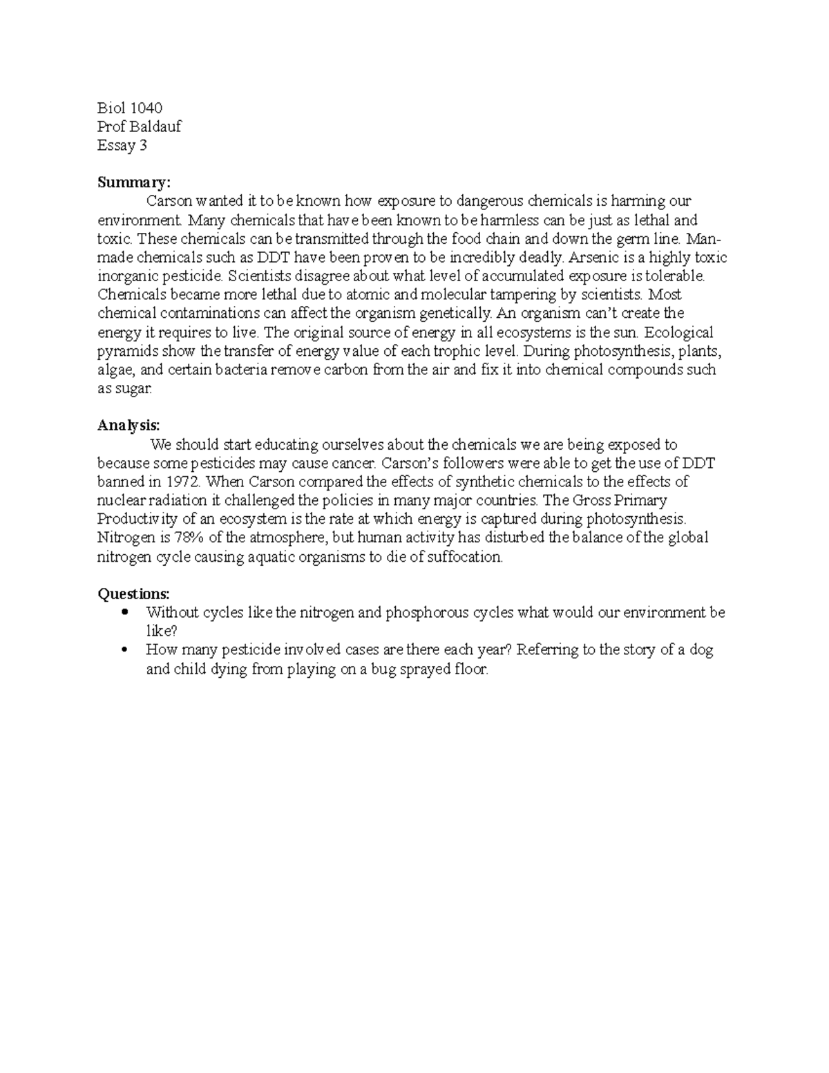 Essay 3 Biol1040 copy - Biol 1040 Prof Baldauf Essay 3 Summary: Carson ...