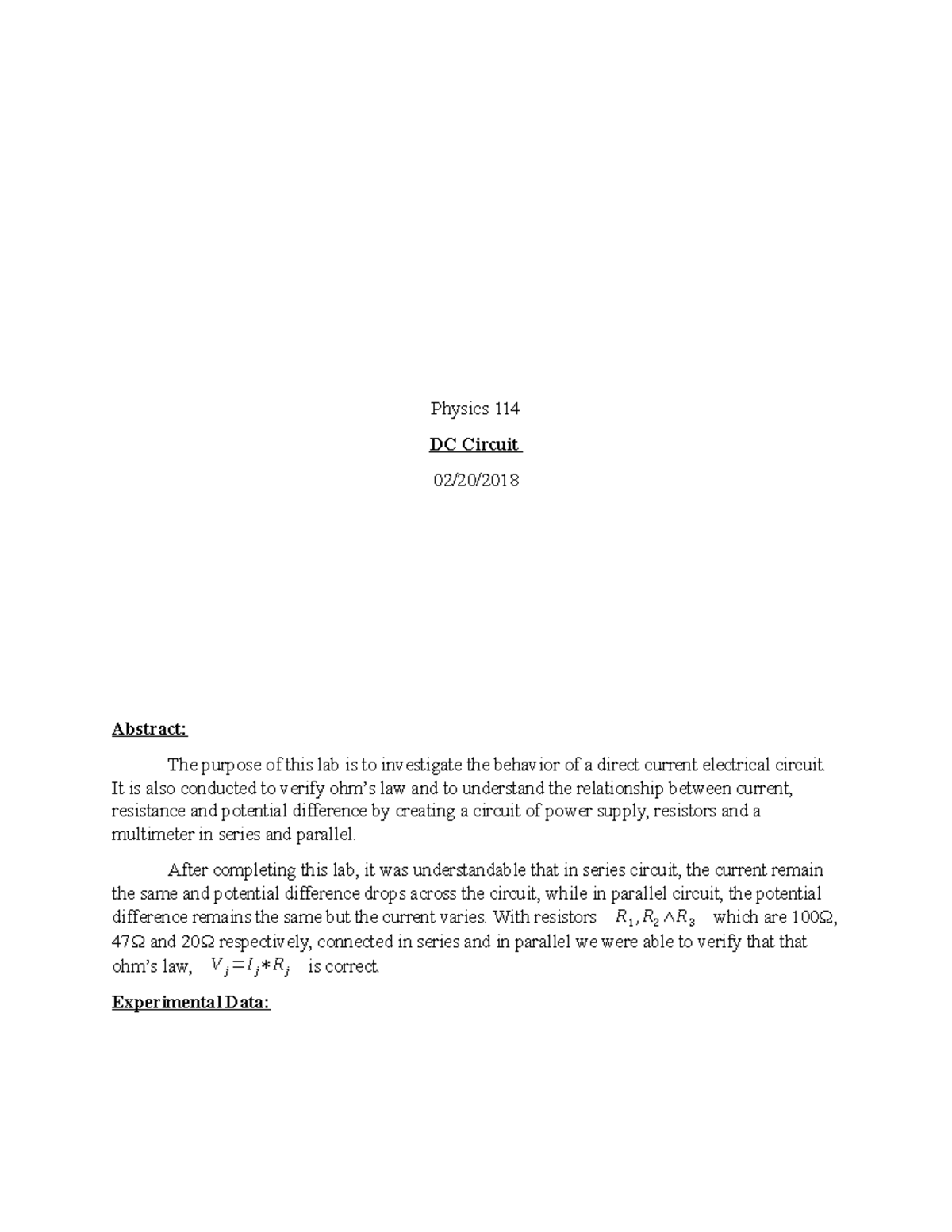 Phy 114 DCC - Practical notes - Physics 114 DC Circuit 02/20/2018 ...