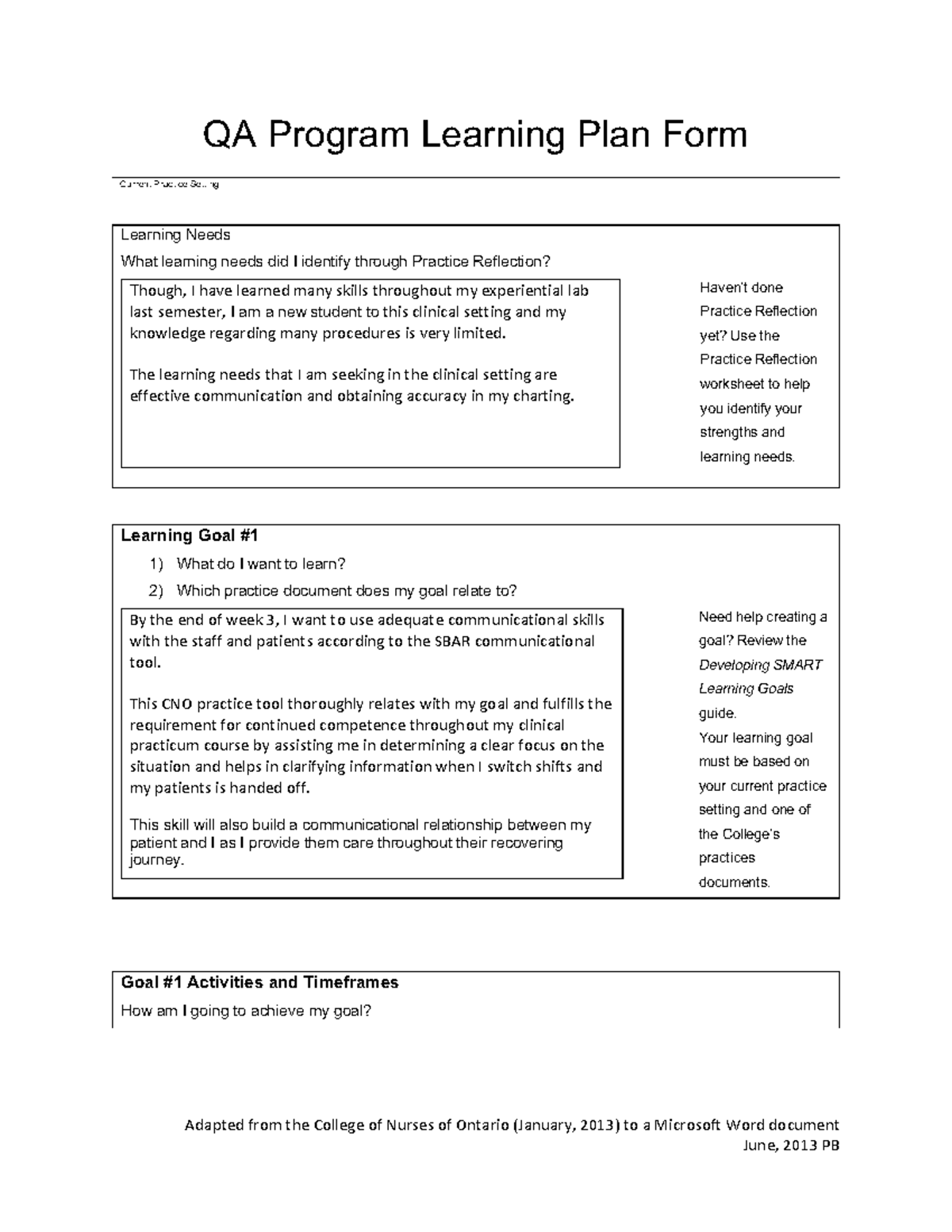 QA Learning Plan for clinical - Adapted from the College of Nurses of Ontario (January, 2013) to ...
