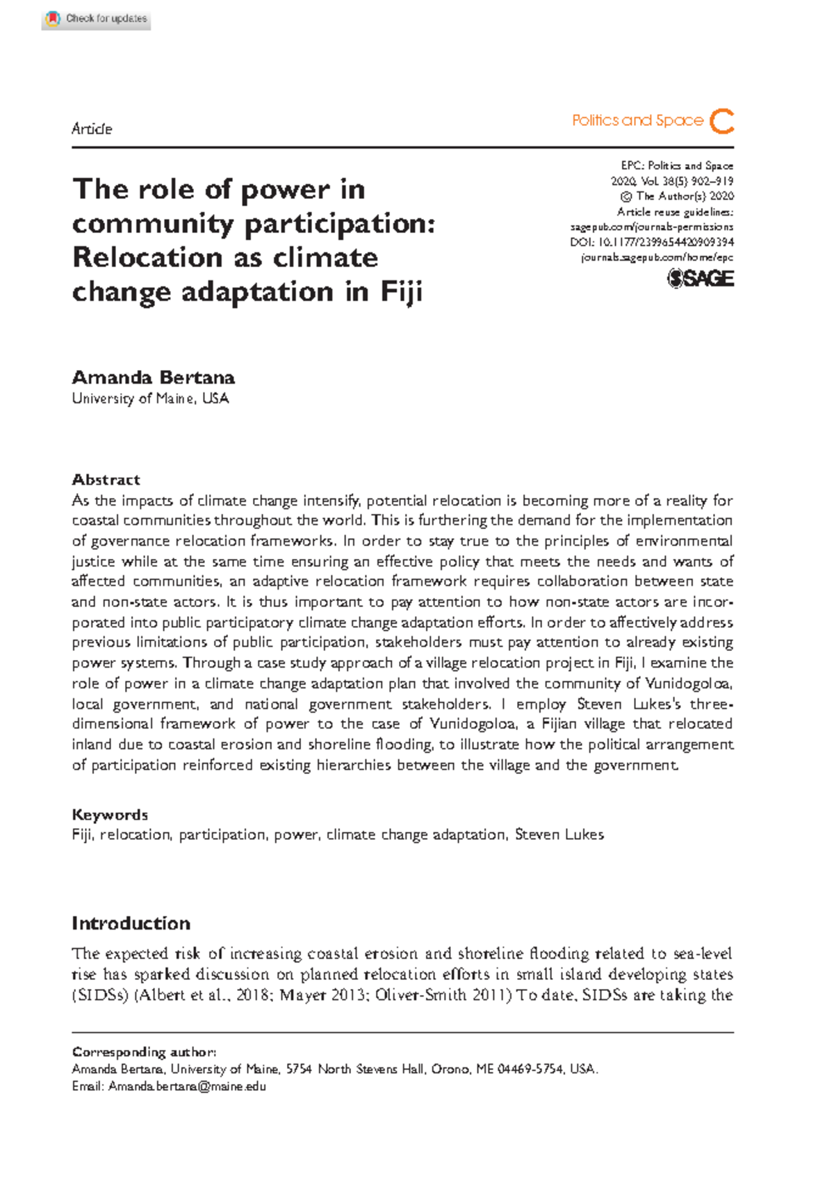 Bertana 2020 the role of power in community participation relocation as ...