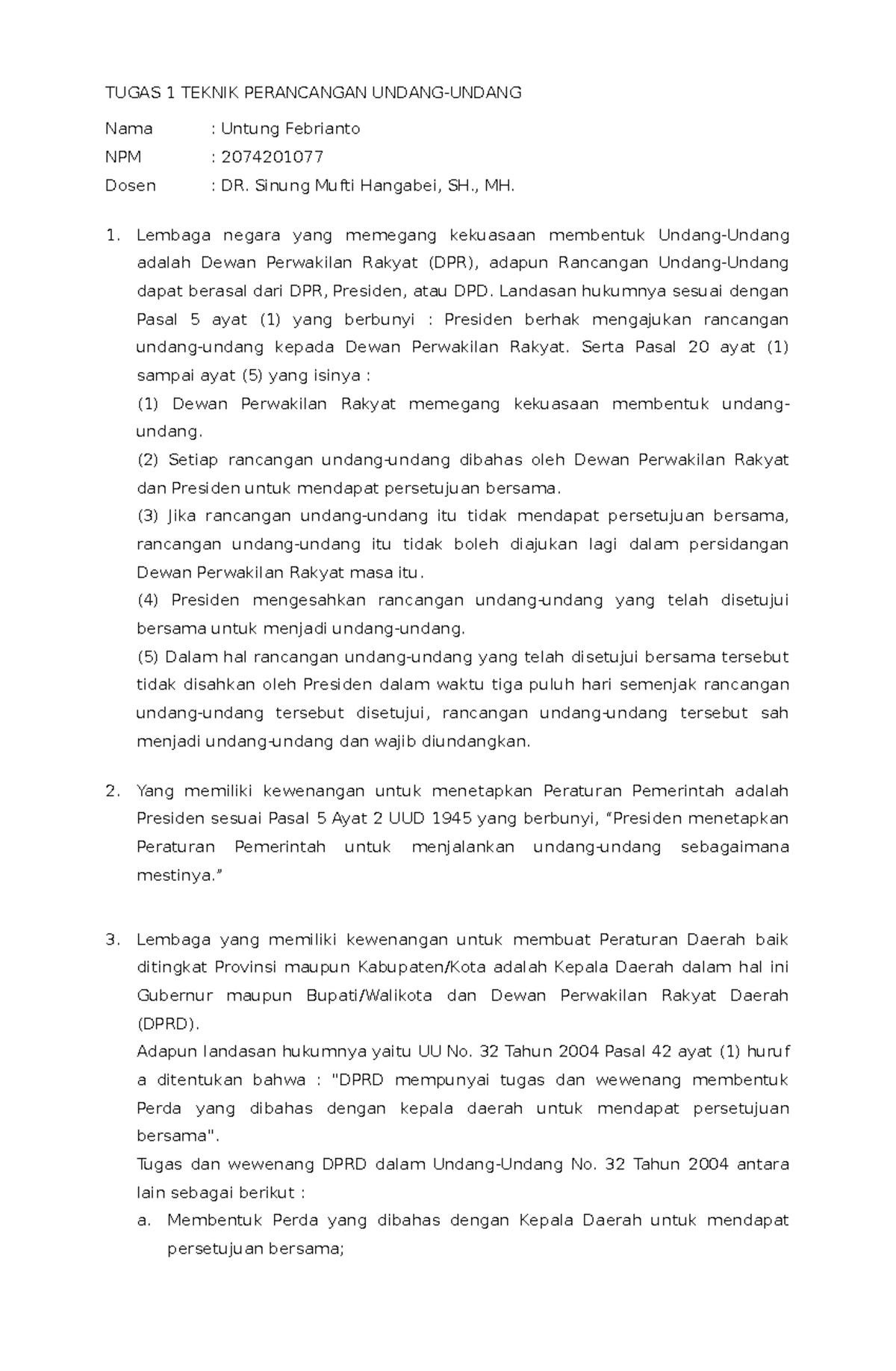 Tugas I Teknik Perancangan Undang-Undang Untung Febrianto NPM 20742010 ...