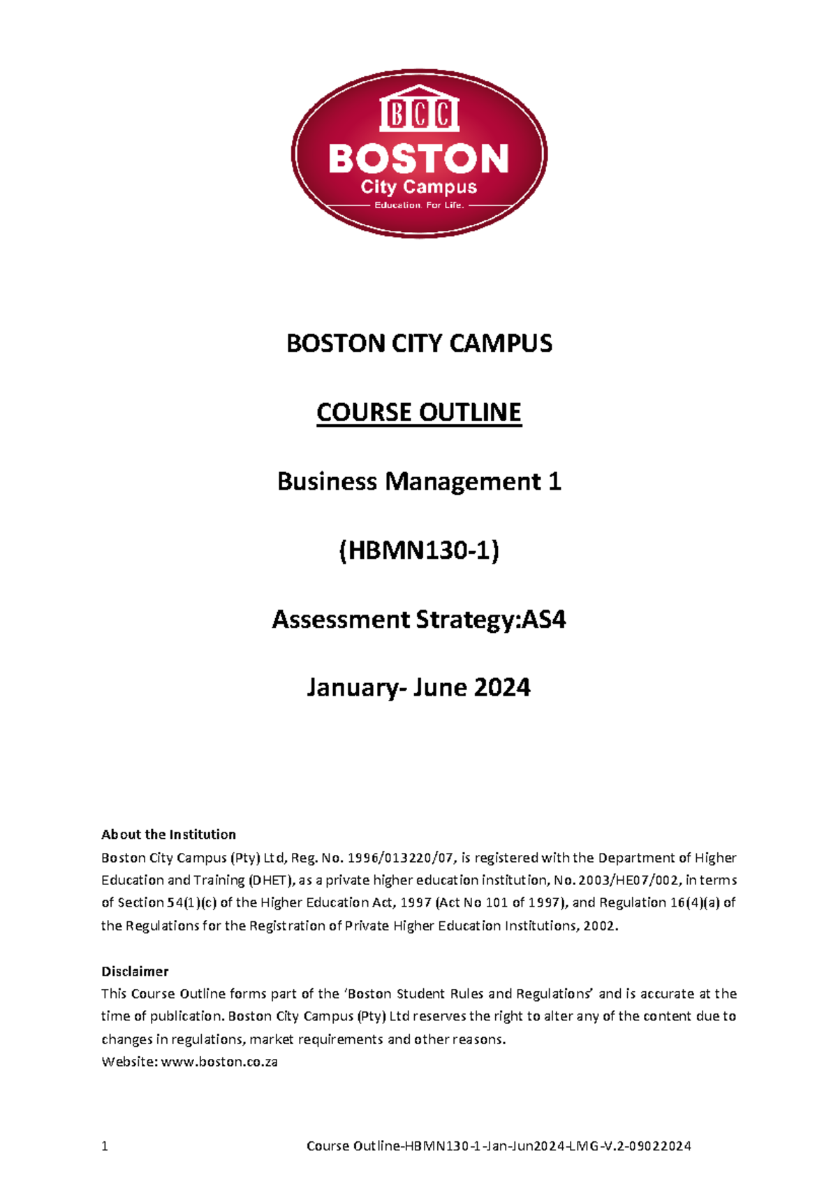 Course Outline HBMN130 1 Jan Jun2024 LMG V - BOSTON CITY CAMPUS COURSE ...
