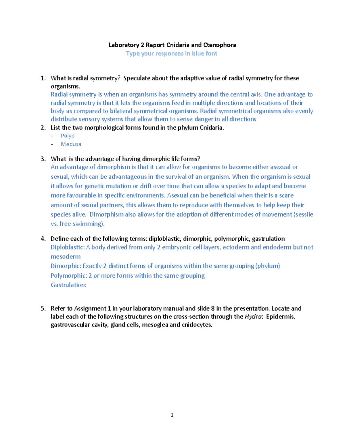 zoology biology lab 2 - Laboratory 2 Report Cnidaria and Ctenophora ...