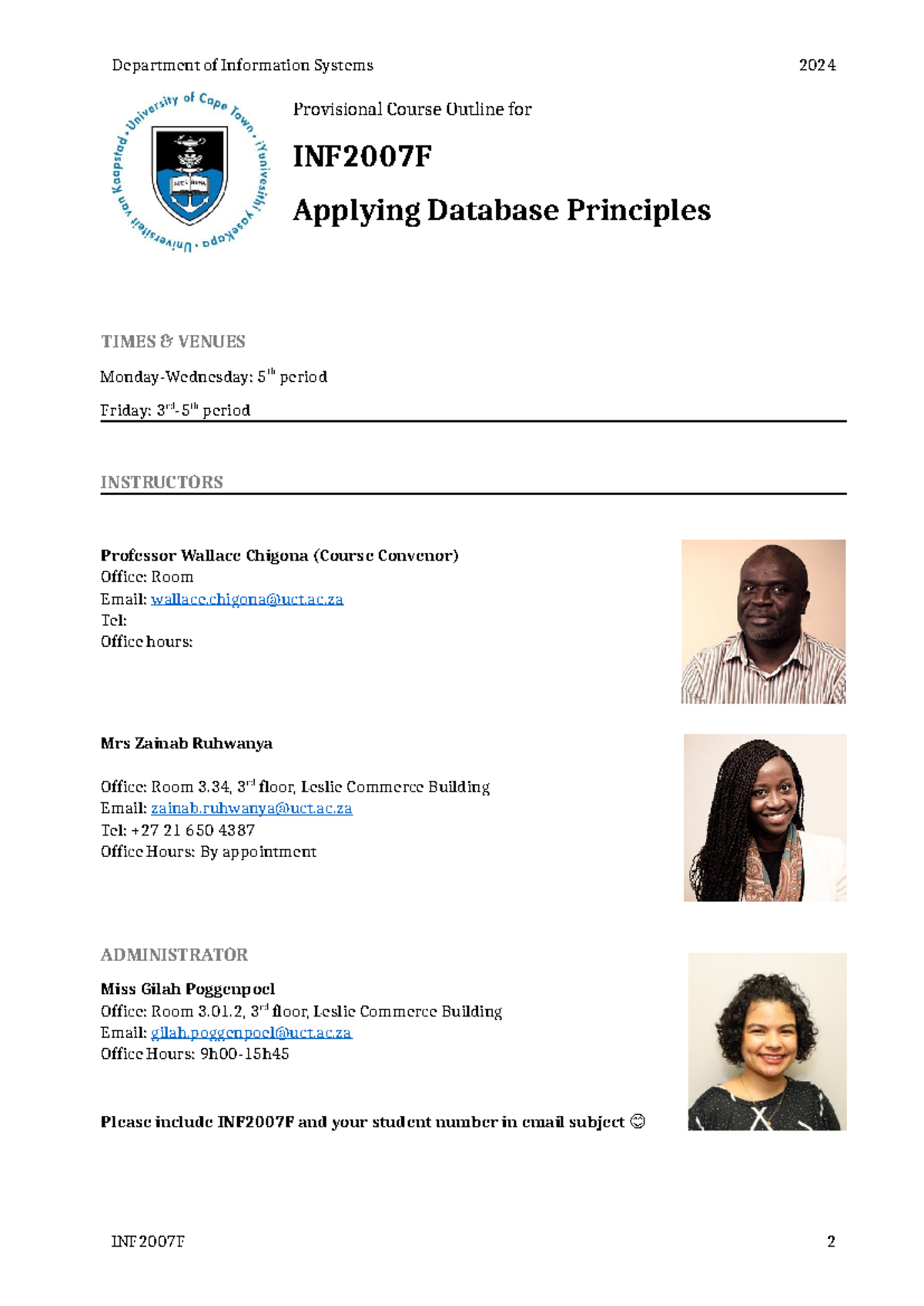 Ca6bb29ebbc5158865252 aad86e4c499 - Provisional Course Outline for INF2007F Applying Database ...