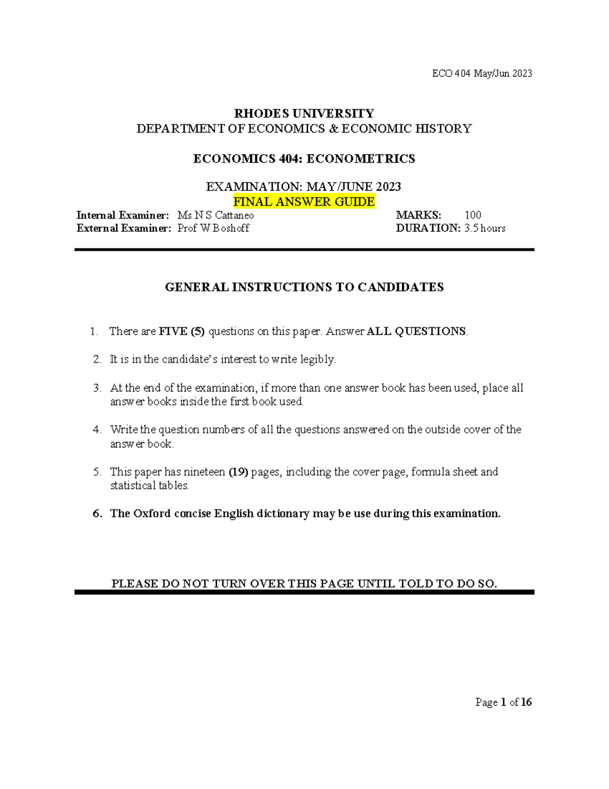 4. Econometrics Exam 2023 Questions 1 to 3 only Answer Guide - RHODES ...