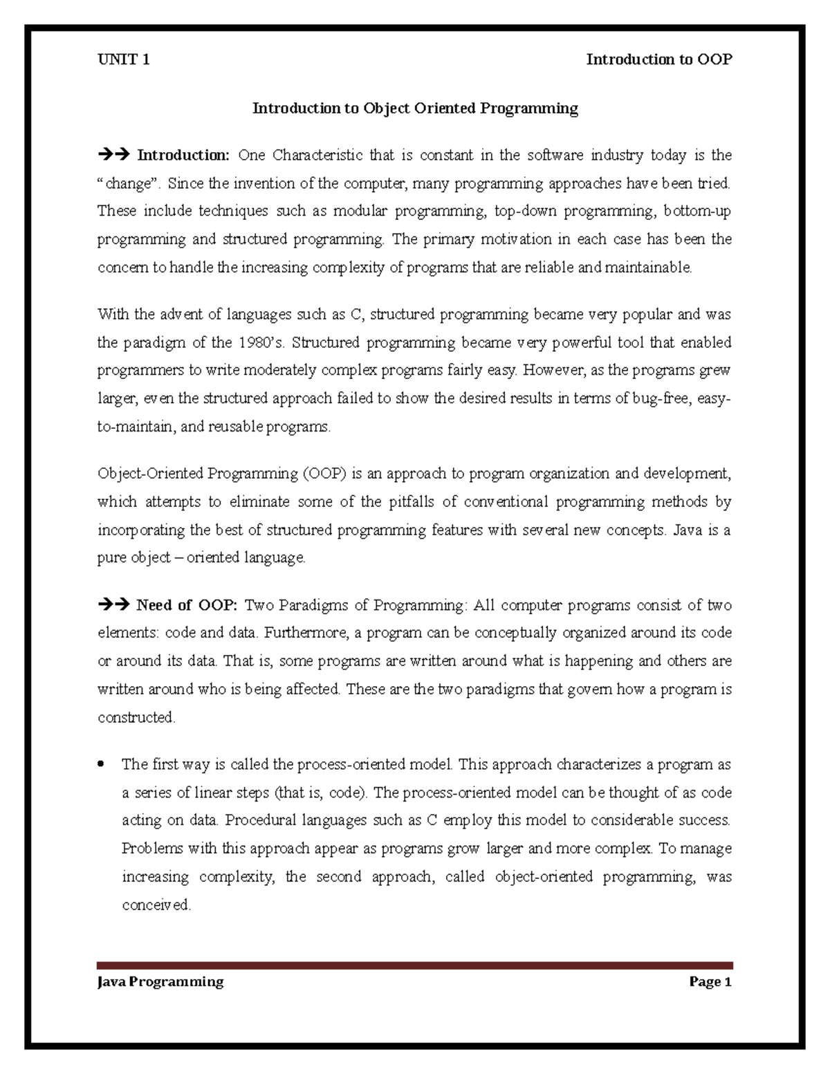 UNIT I - Material - Introduction to Object Oriented Programming Introduction: One Characteristic ...