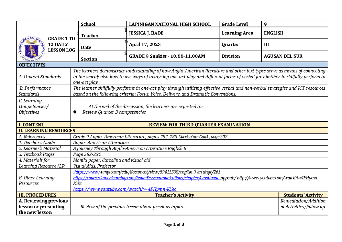 Daily Lesson LOG Review Tesado - G GRADE 1 TO 12 DAILY LESSON LOG ...