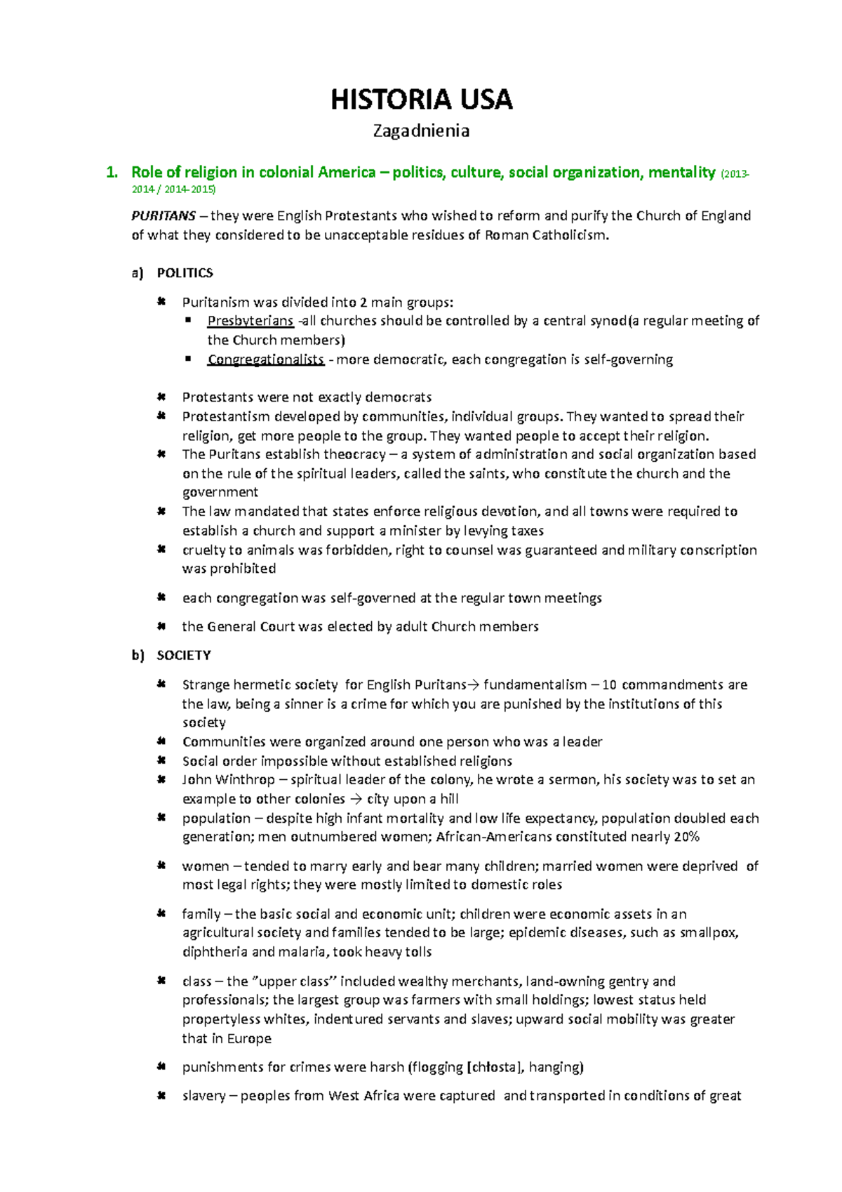 Historia USA - zagadnienia - HISTORIA USA Zagadnienia 1. Role of ...