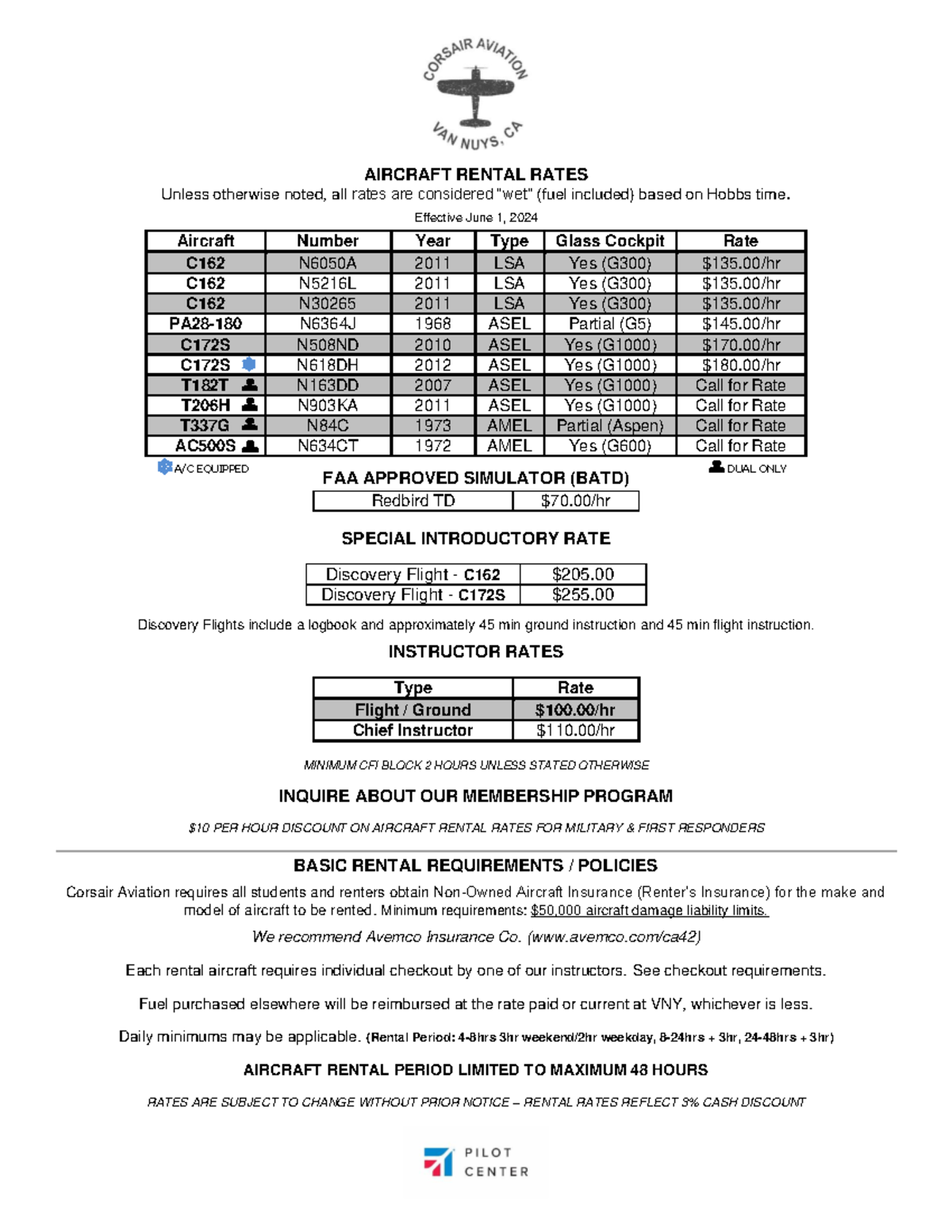 Rate Sheet 2024 (Corsair Aviation) - AIRCRAFT RENTAL RATES Unless ...