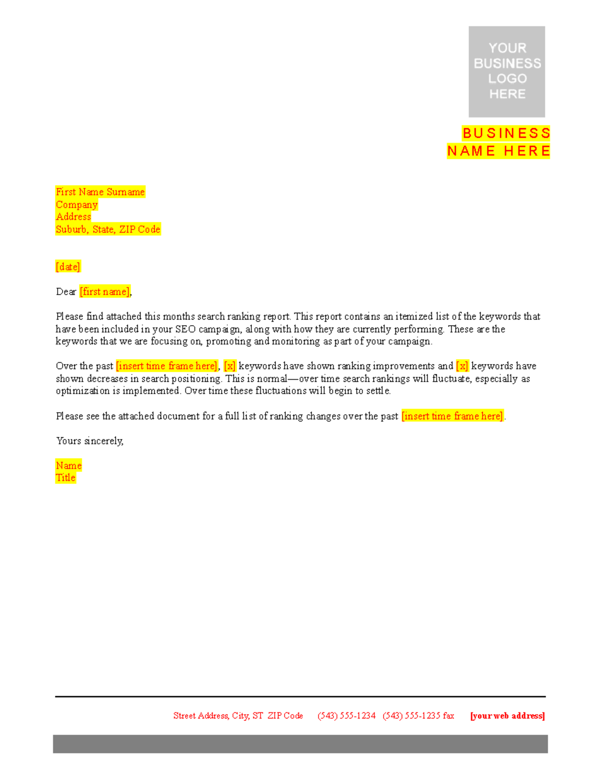 Ranking report email template - First Name Surname Company Address ...