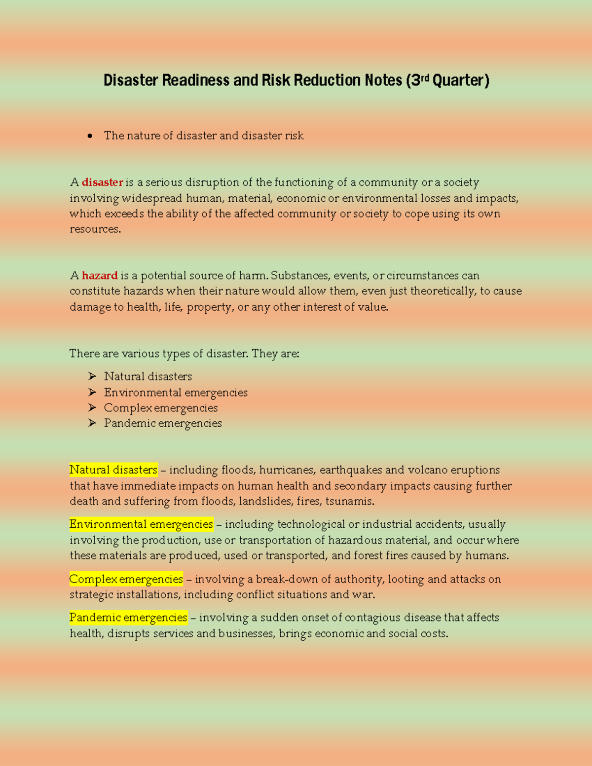 Disaster Readiness and Risk Reduction Notes (3rd Quarter) - A hazard is ...