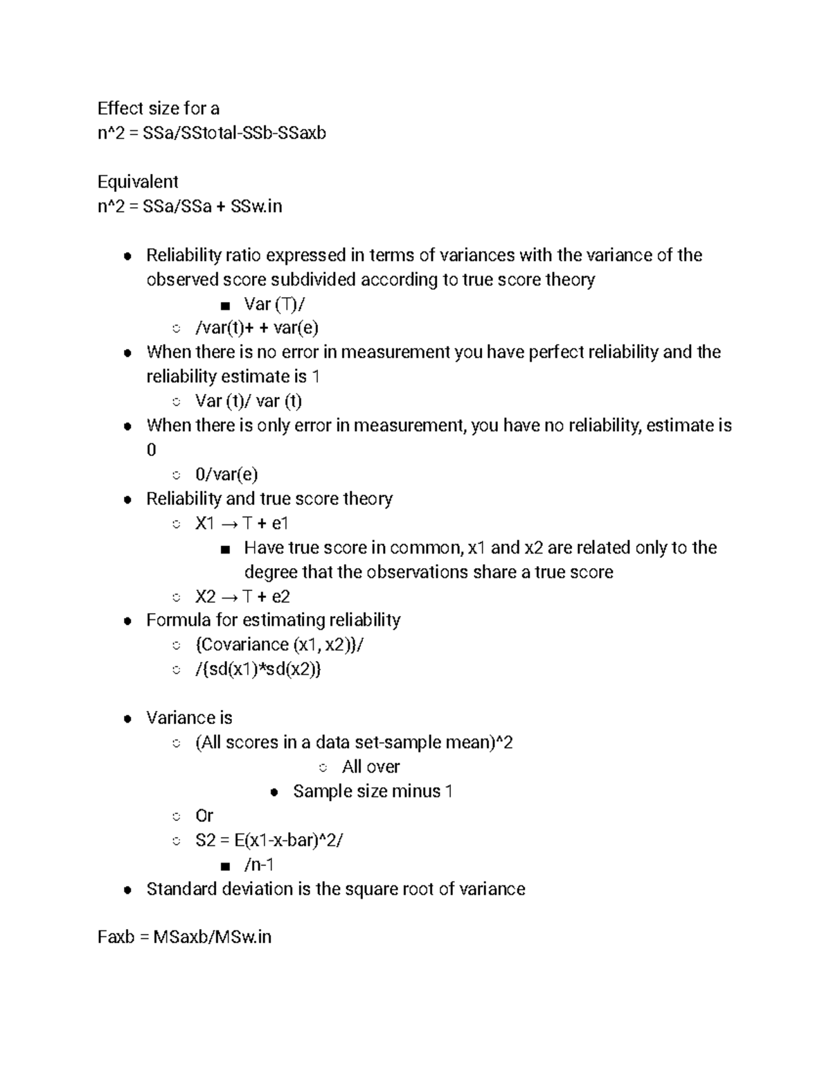 Statistical formula master copy - Effect size for a n^2 = SSa/SStotal ...