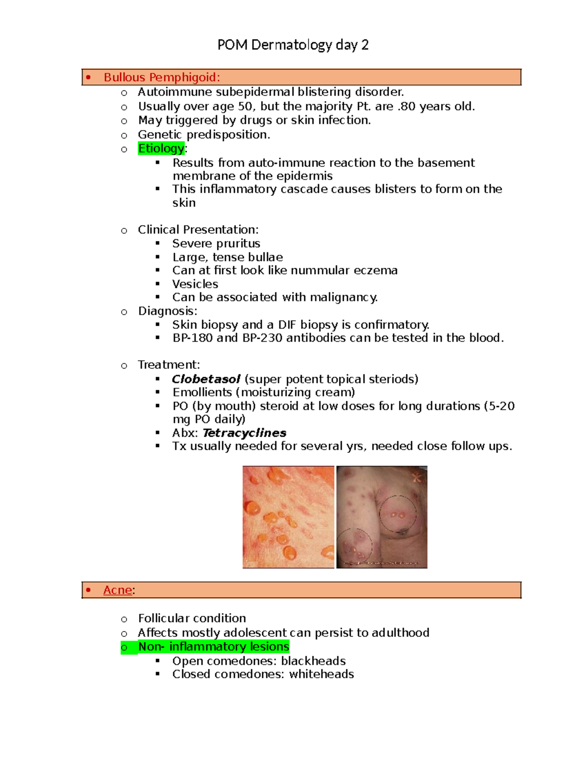 Derm POM Day 2 - Concise study - Bullous Pemphigoid: o Autoimmune subepidermal blistering - Studocu