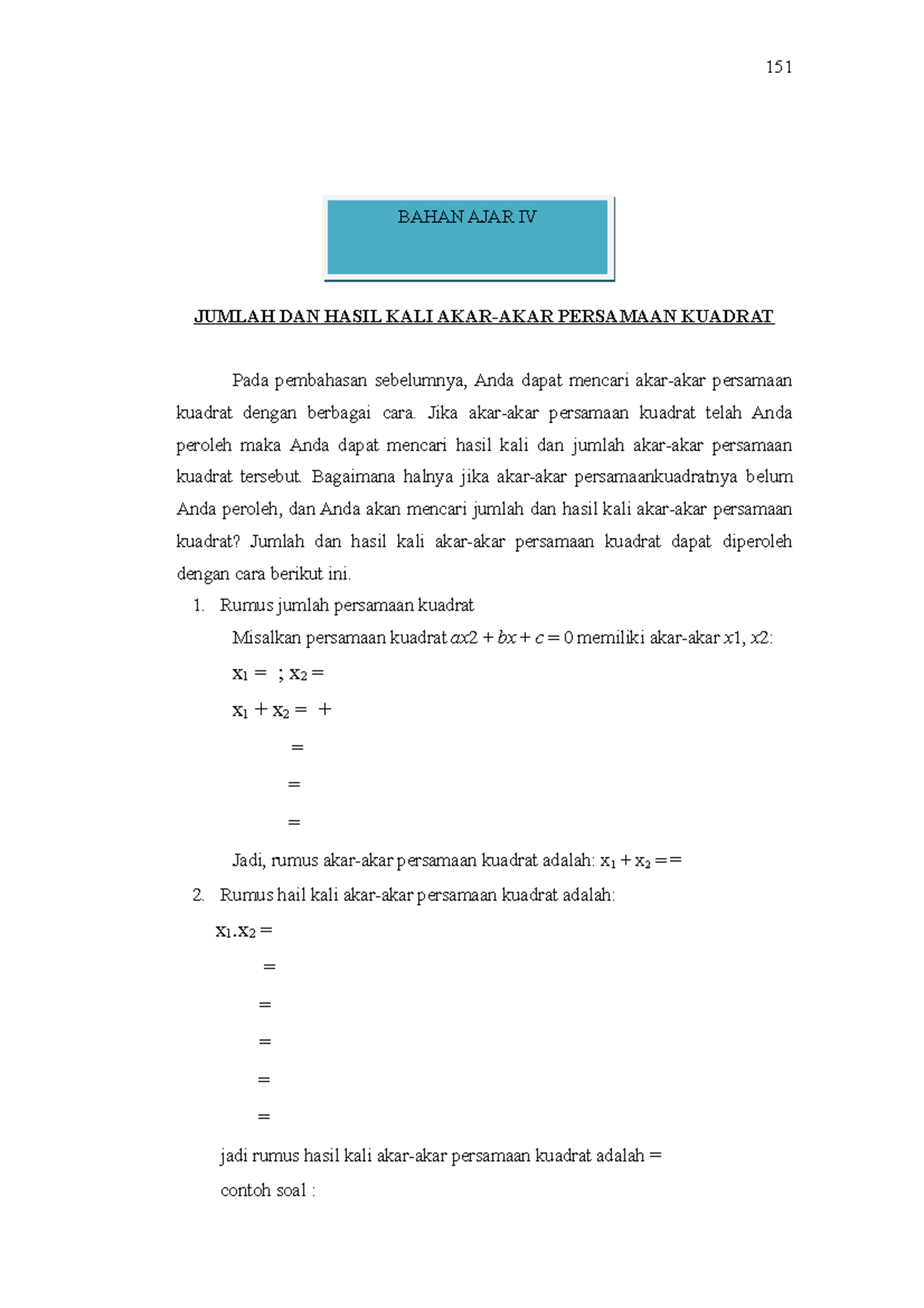 4 - Bahan Ajar 4 - JUMLAH DAN HASIL KALI AKAR-AKAR PERSAMAAN KUADRAT ...