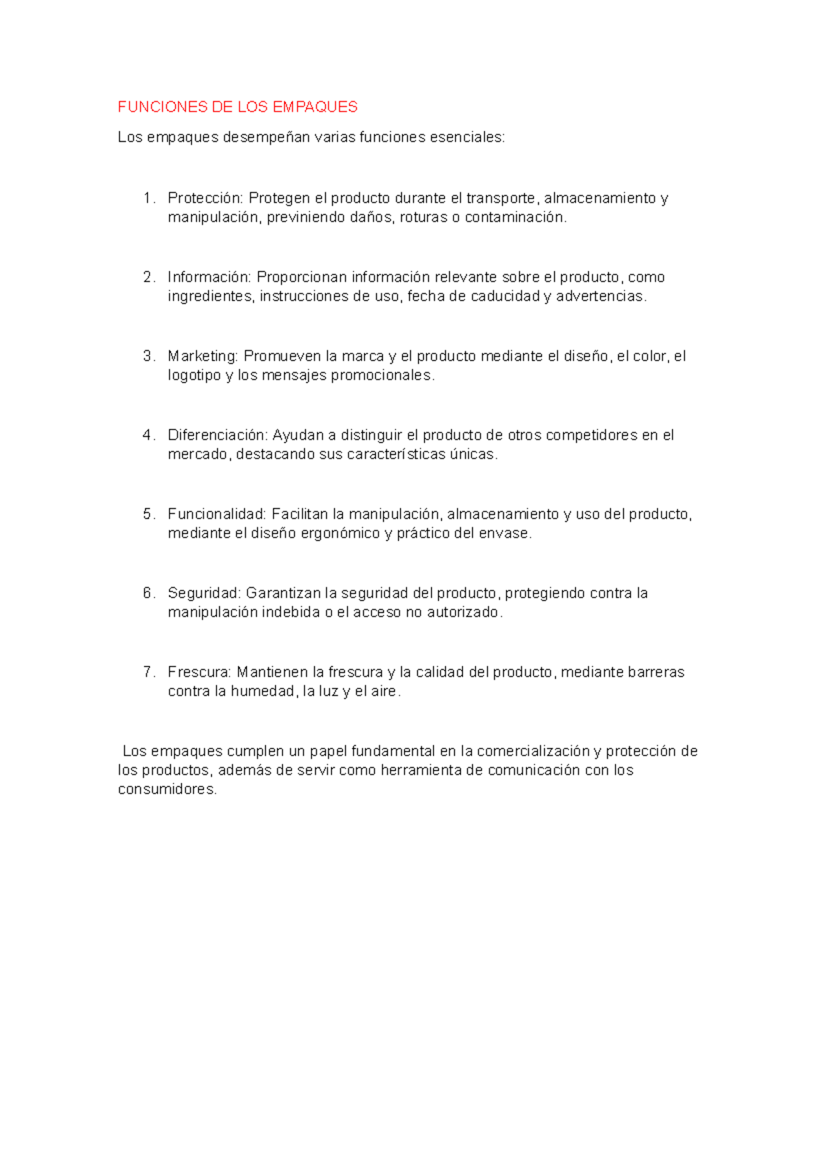 Integrador 2 - dsadasdasd - FUNCIONES DE LOS EMPAQUES Los empaques ...