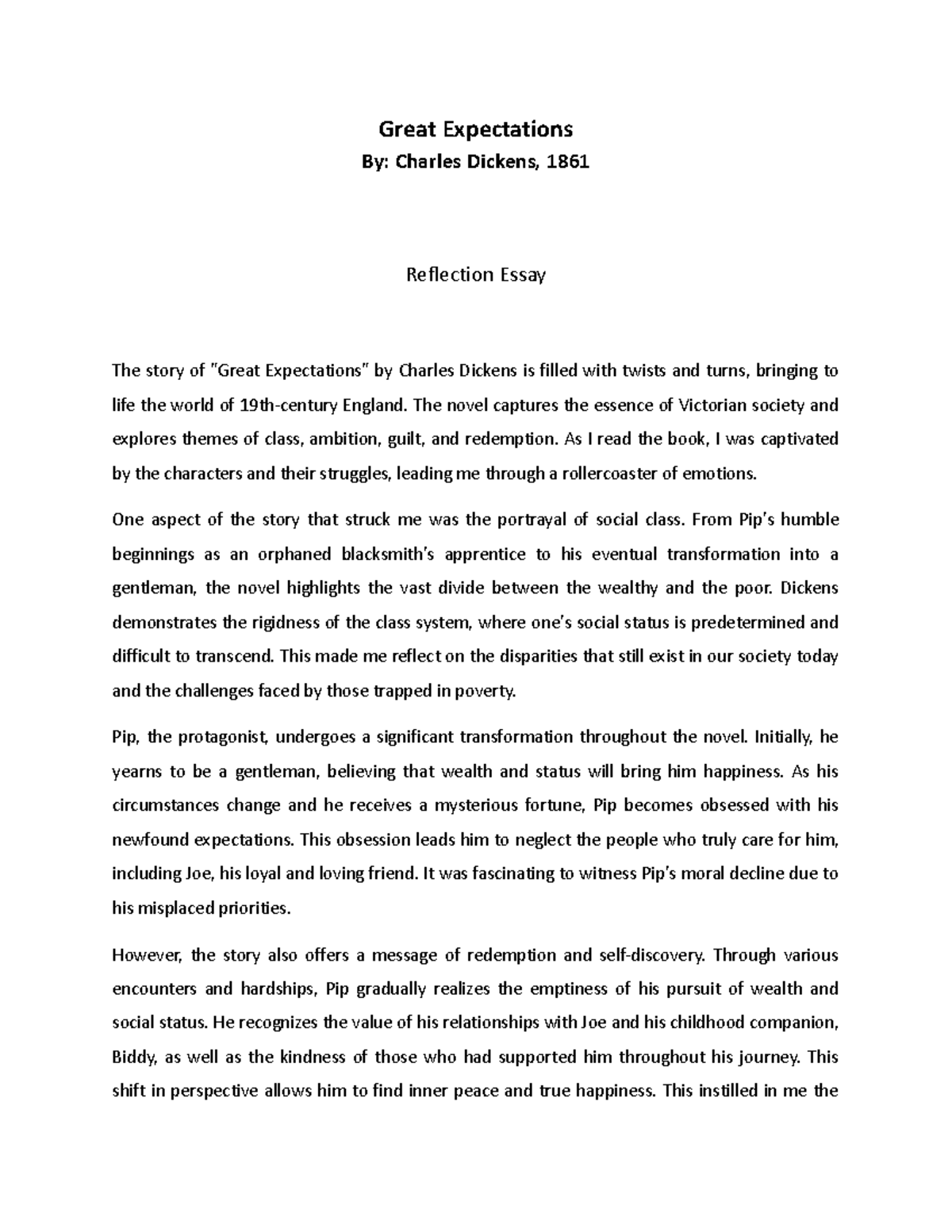 Great expectations- Reflection Essay - Great Expectations By: Charles ...