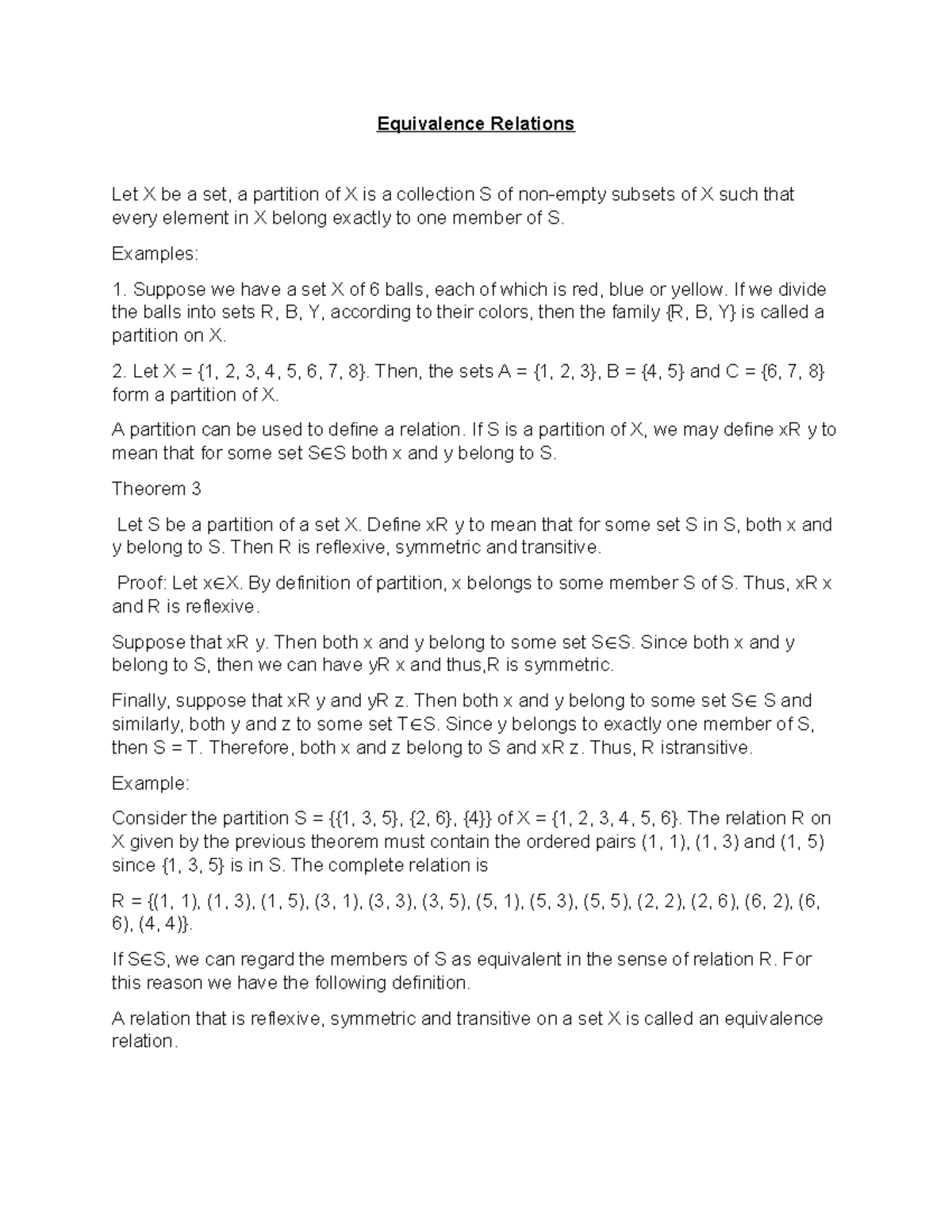 Lecture Equivalence Relations And Functions Equivalence Relations Let X Be A Set A Partition