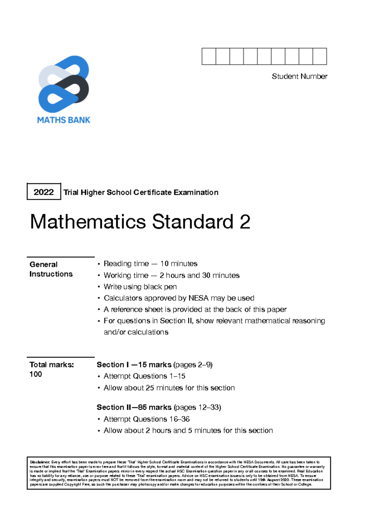 2022 HSC Mathematics Standard 2 Trial Examination - Student Number 2022 ...