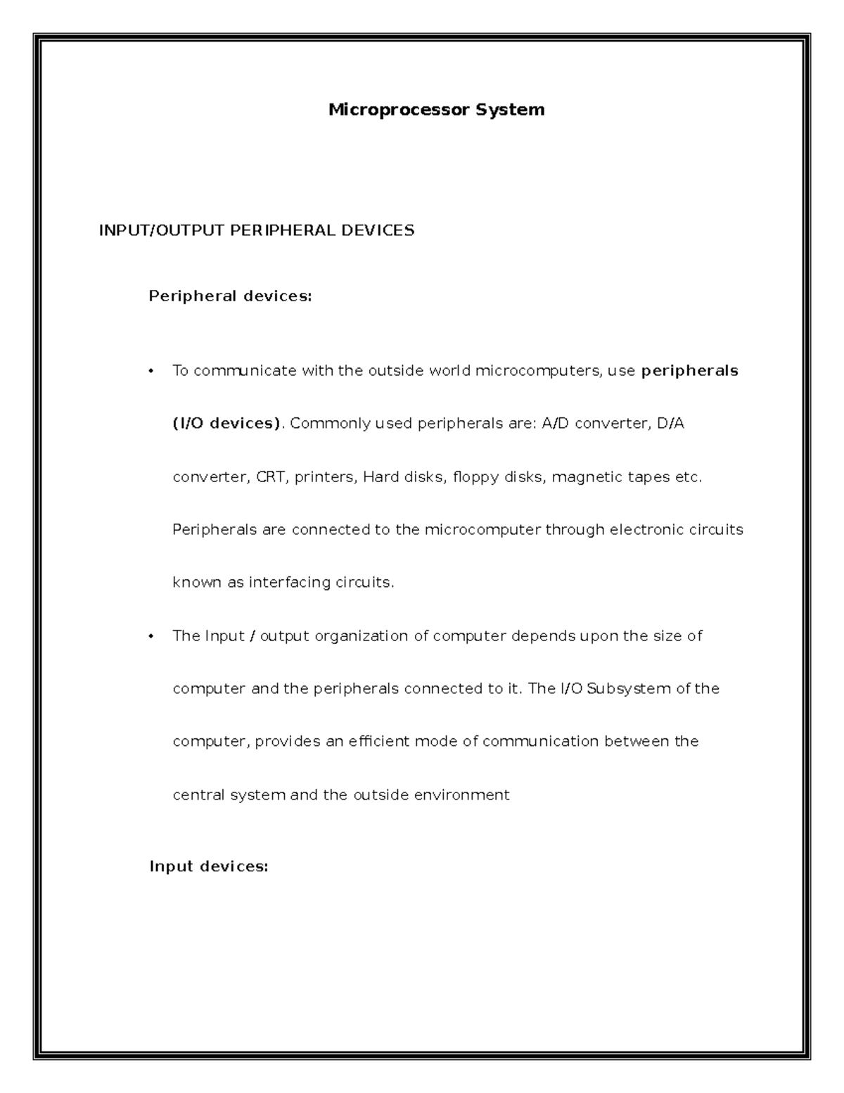 Microprocessor System - Microprocessor System INPUT/OUTPUT PERIPHERAL ...