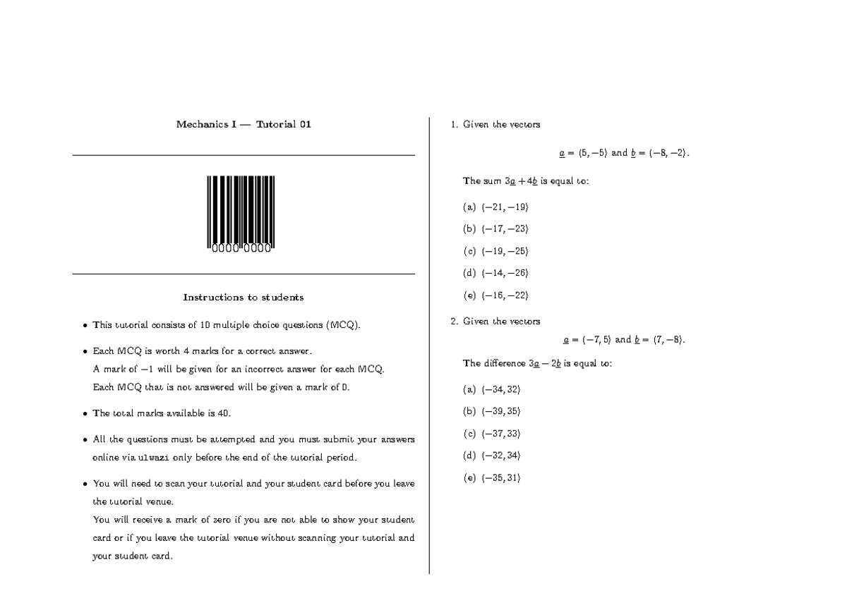 introduction to vectors - Mechanics I — Tutorial 01 0000 0000 ...