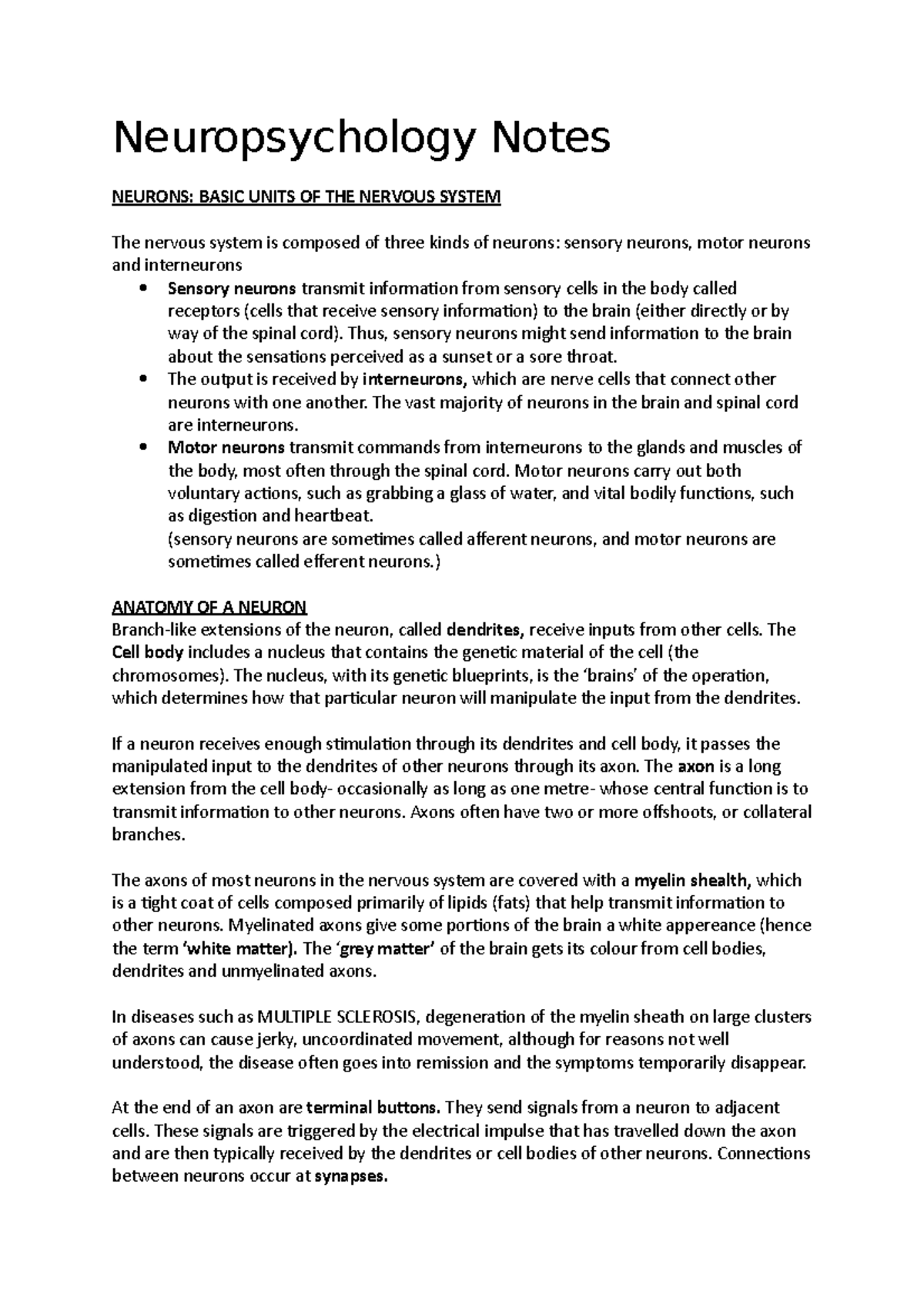 Neuropsychology Notes - Neuropsychology Notes NEURONS: BASIC UNITS OF ...