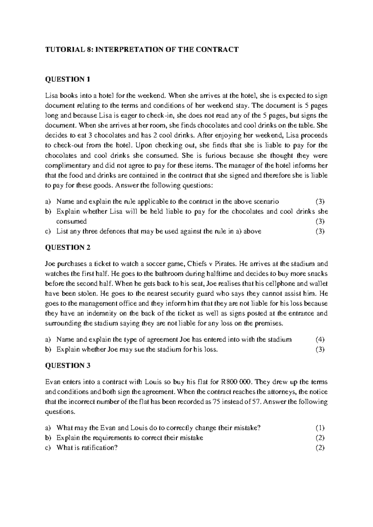 Tutorial 8 Interpretation of Contracts - TUTORIAL 8 : INTERPRETATION OF THE CONTRACT QUESTION 1 ...