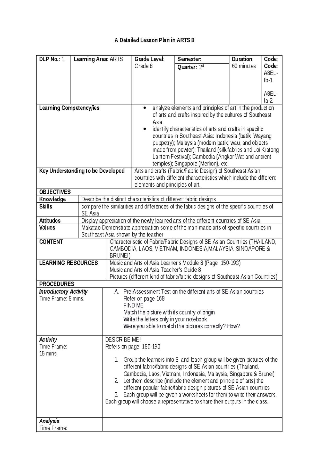 A Detailed Lesson Plan in ARTS 8 - : 1 Learning Area: ARTS Grade Level ...