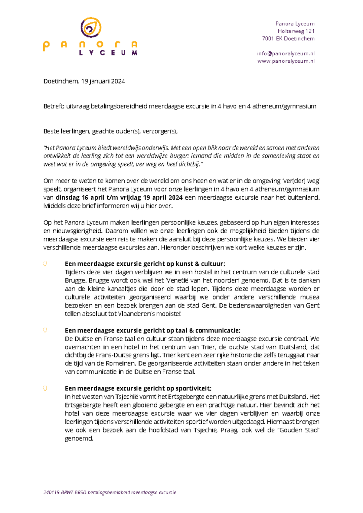 240119-BRWT-BRSD-brief uitvraag betalingsbereidheid meerdaagse excursie ...