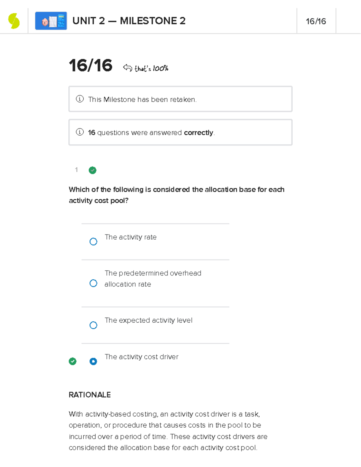 Sophia learning - Managerial Accounting Milestone 2.2 - 1 16 / 16 that ...