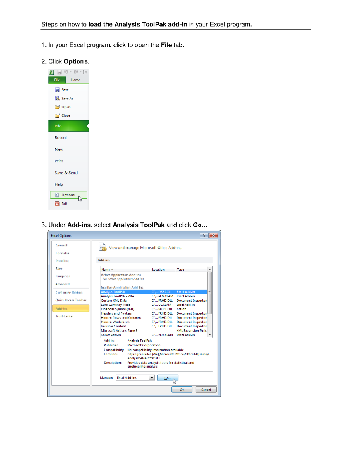 Install Excel-Analysis Tool Pak - Account - Steps on how to load the ...