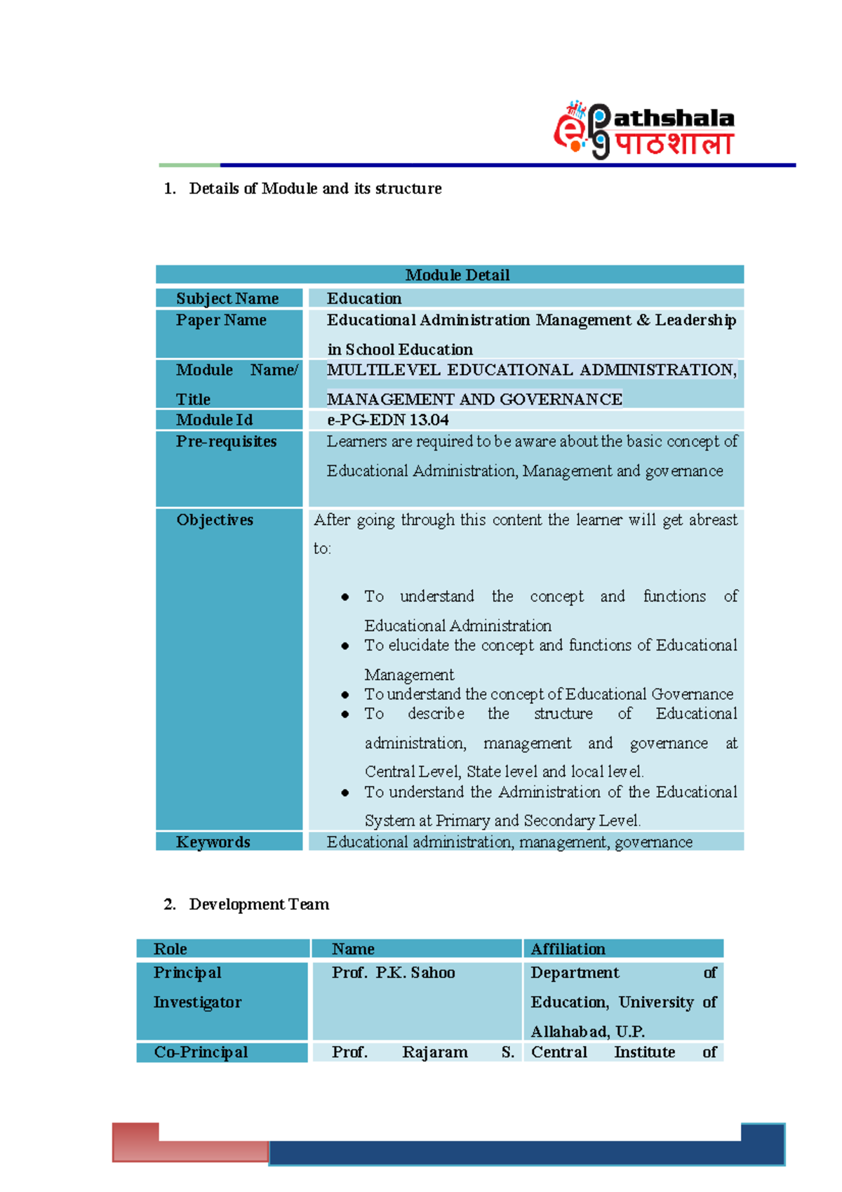 Role of central state local bodies - 1. Details of Module and its ...