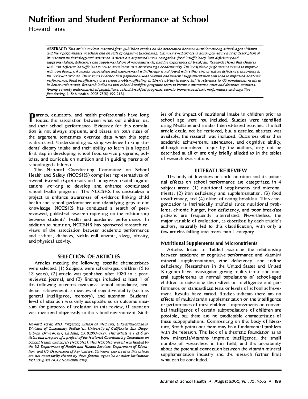 Studdents nutrition paper - Nutrition and Student Performance at School ...