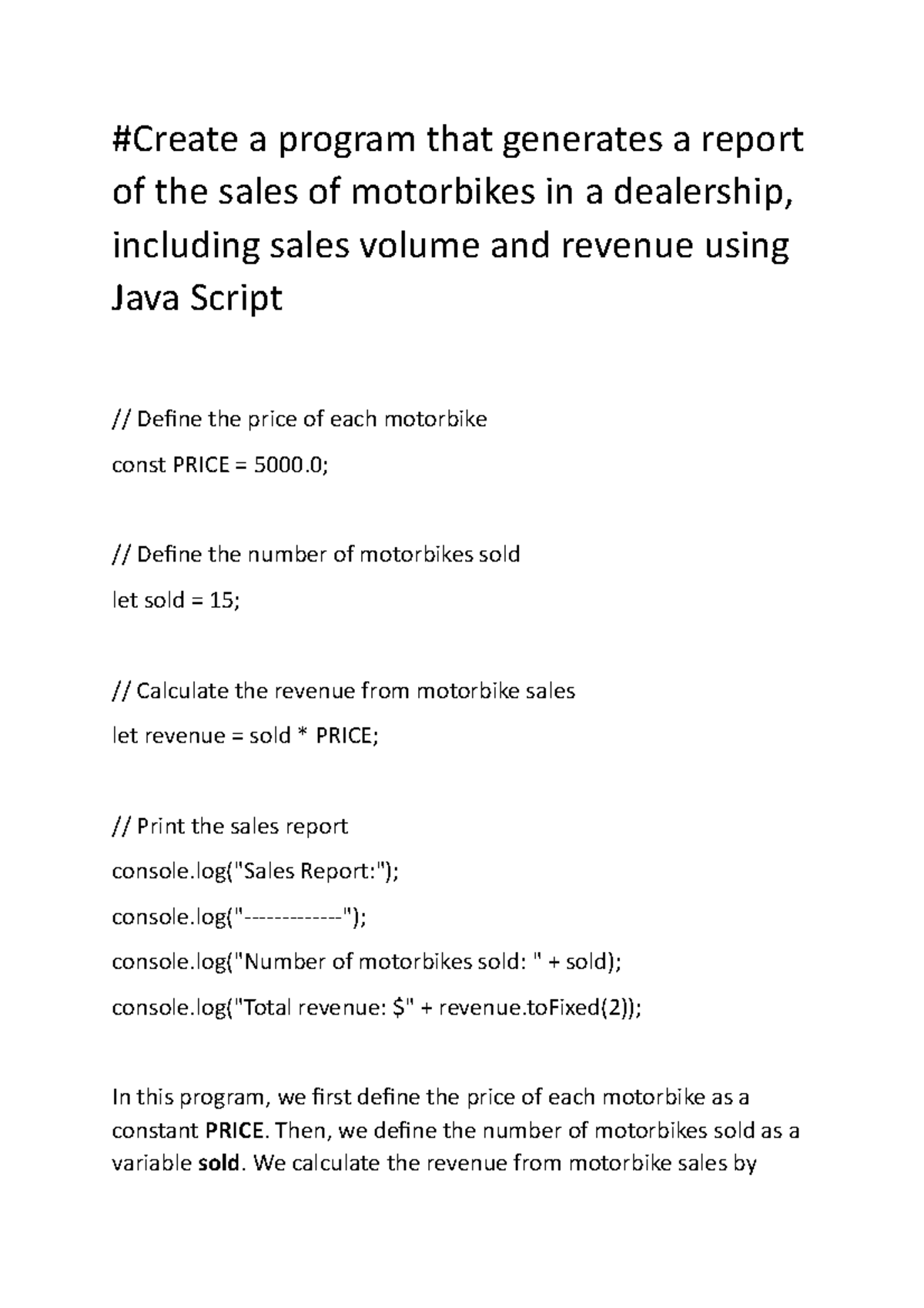The sales of motorbikes in a dealership-java script - #Create a program ...