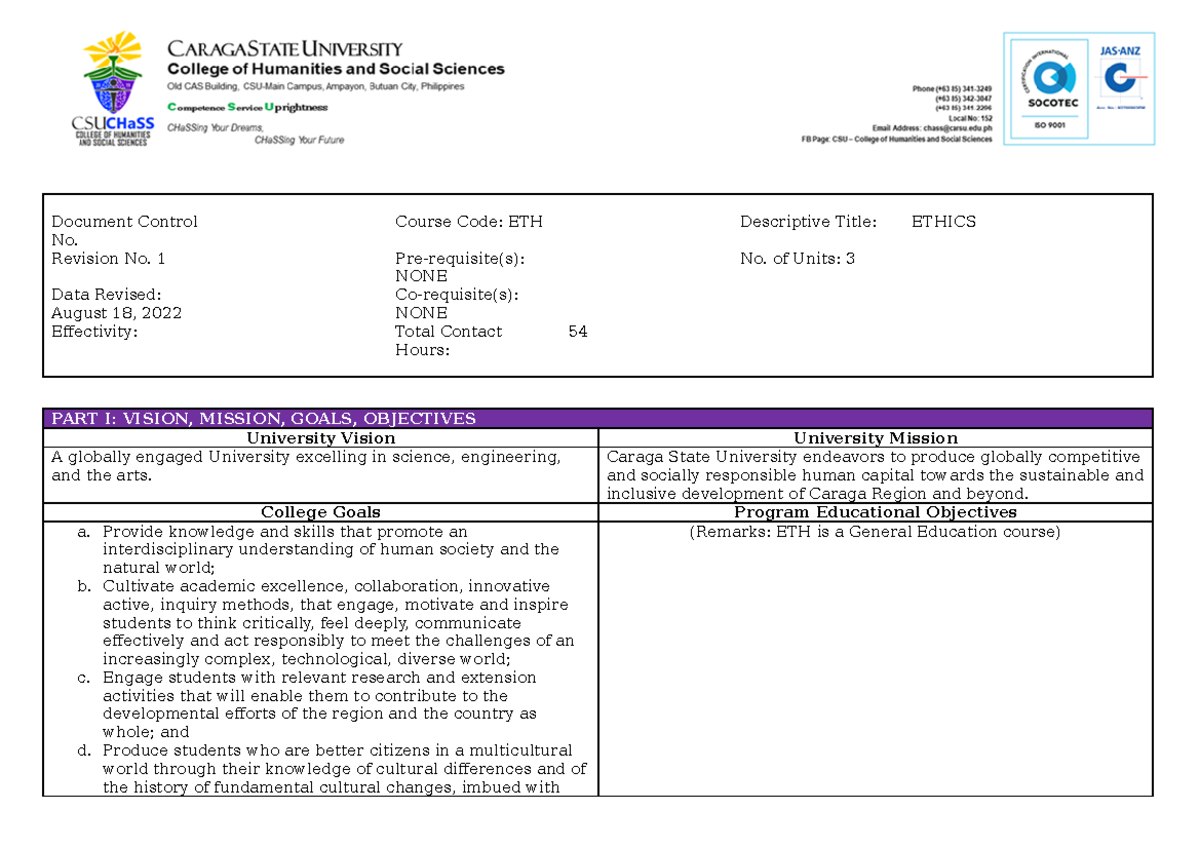 Ethics Syllabus 2022-2023 Final - Document Control No. Course Code: ETH ...